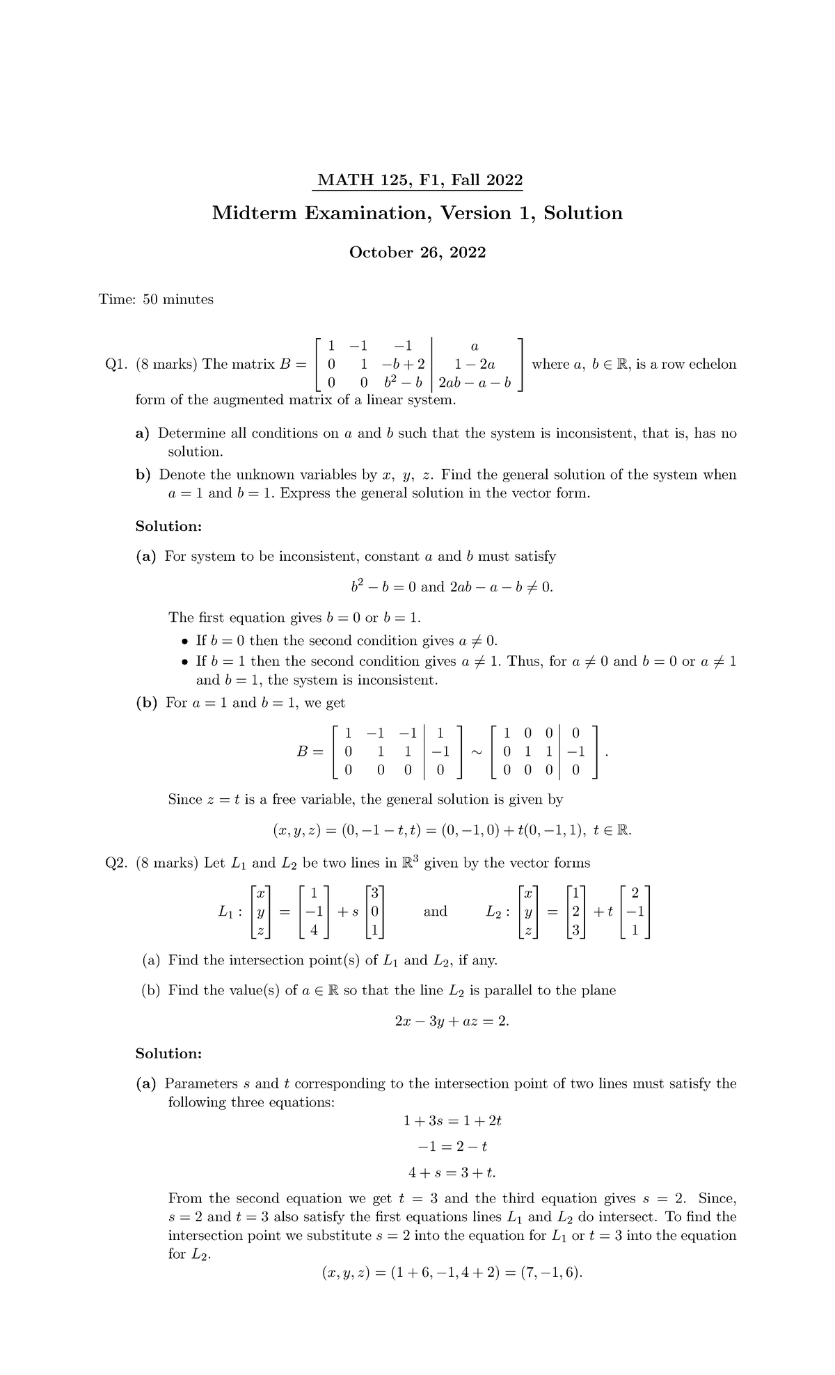 2022-Fall-Math-125-F1-Midterm-Exam, V1 Solution - MATH 125, F1, Fall 2022 Midterm Examination ...
