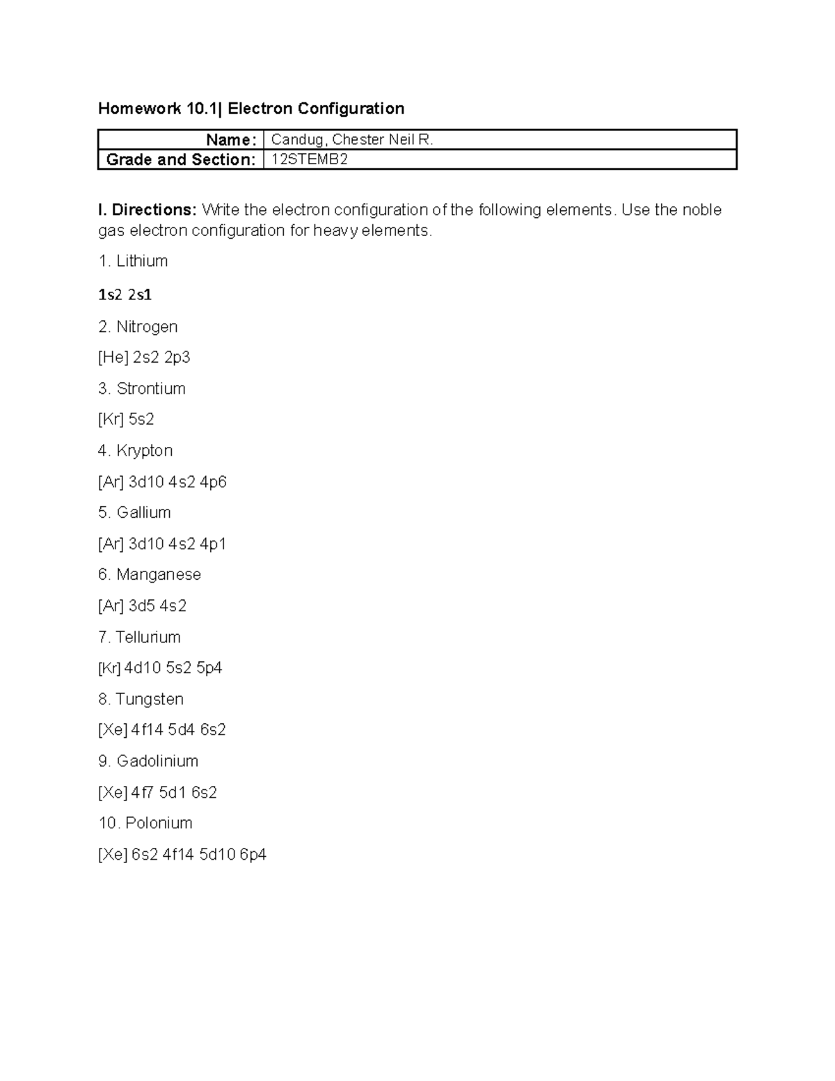 Homework 10 1 Electron Configuration Homework 10 Electron Configuration Name Candug Chester