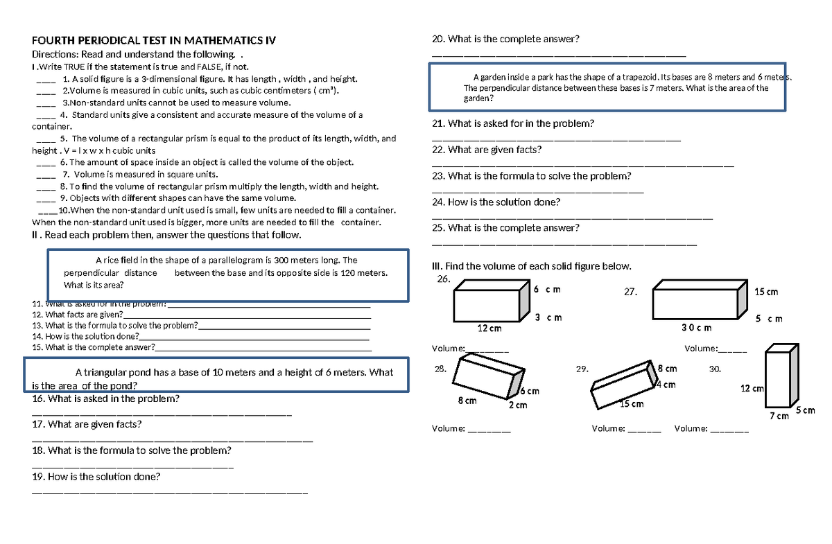 PT Mathematics 4 - Q4 - FOURTH PERIODICAL TEST IN MATHEMATICS IV ...