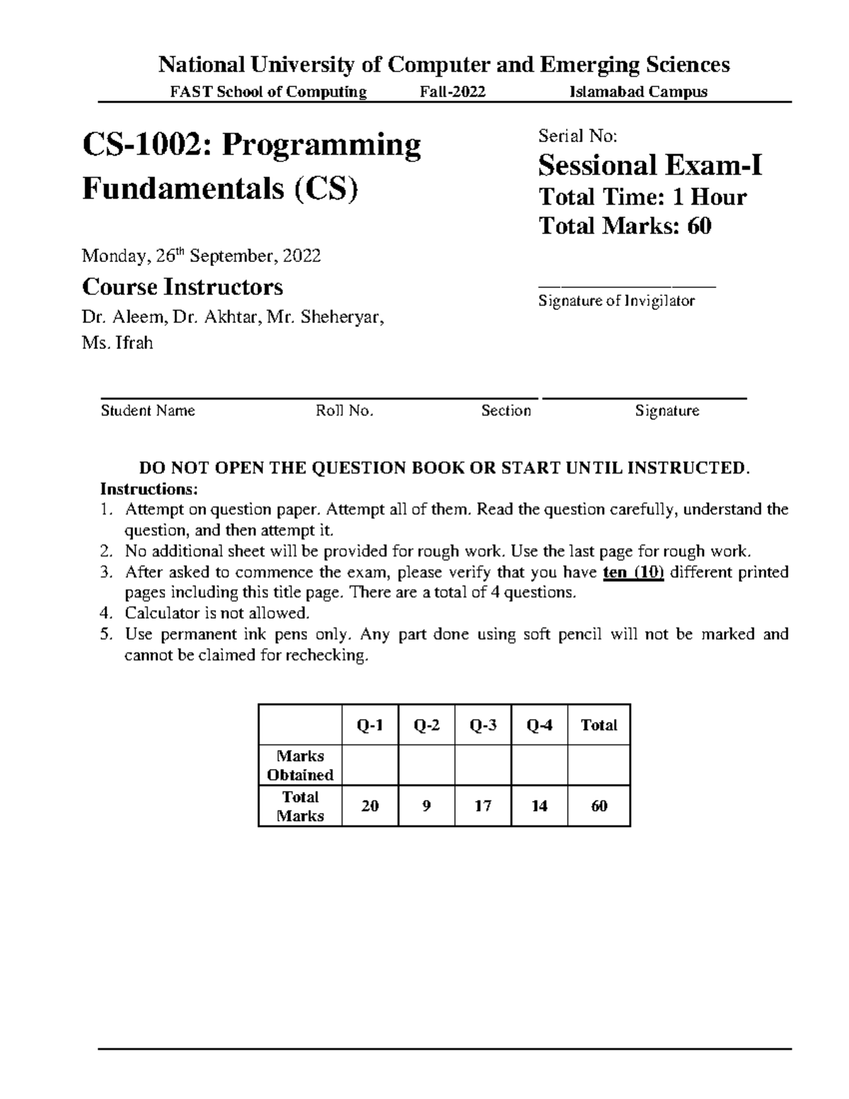 Sessional I Exam Paper PF Fall 2022 - solution - FAST School of Computing Fall- 2022 Islamabad ...