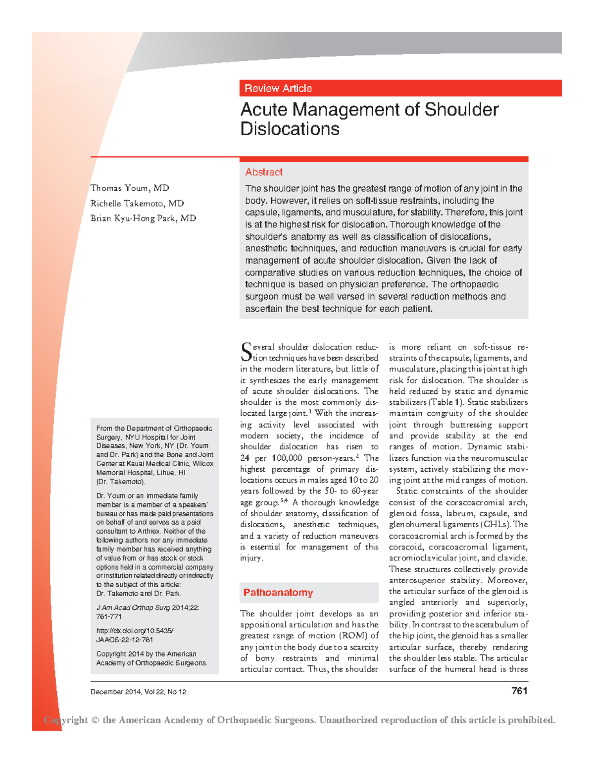 Acute Management of Shoulder Dislocations - Review Article Acute ...