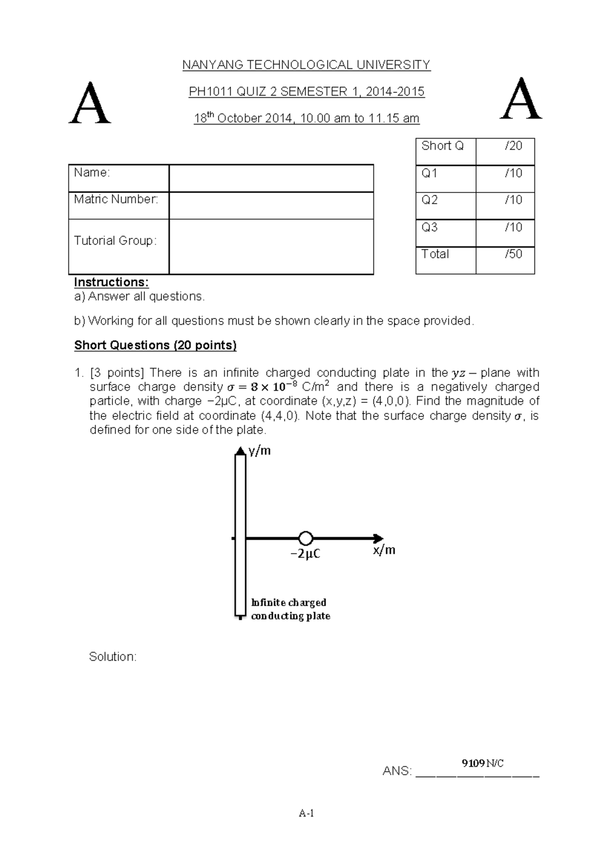 Quiz 2A with final answers - NANYANG TECHNOLOGICAL UNIVERSITY PH1011 ...