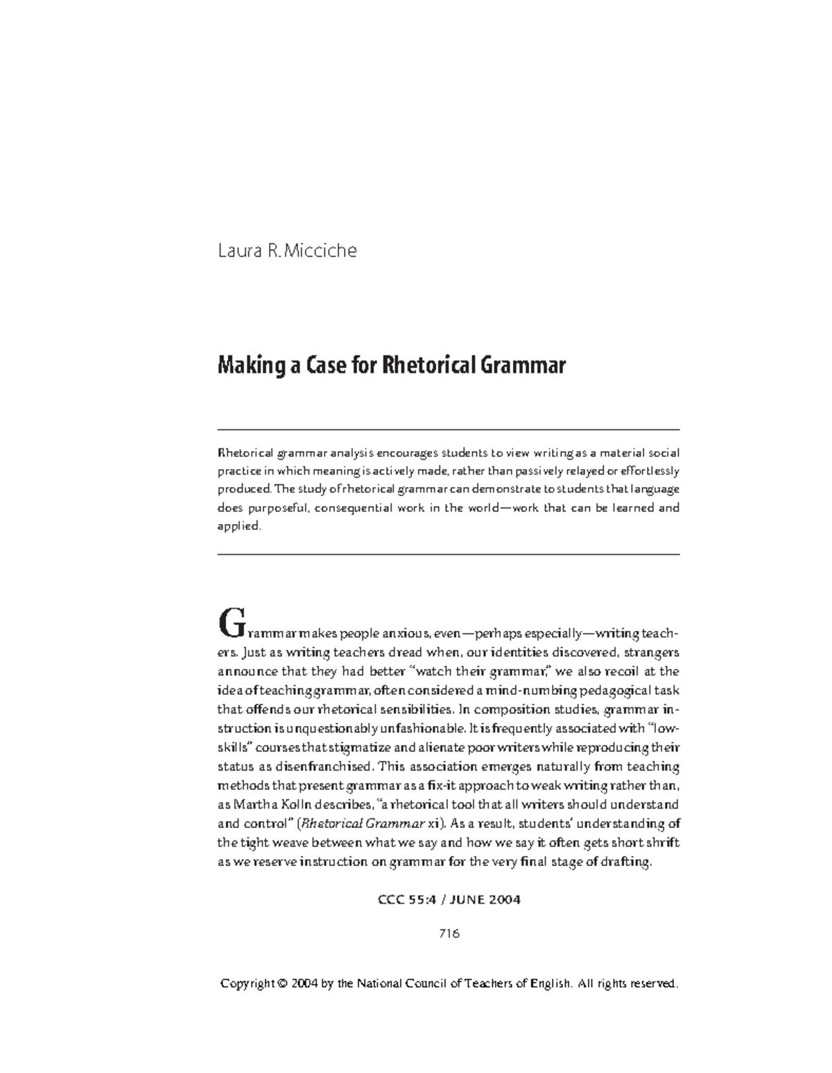 Making A Case For Rhetorical Grammar by Micciche - C C C 5 5 : 4 / J U ...