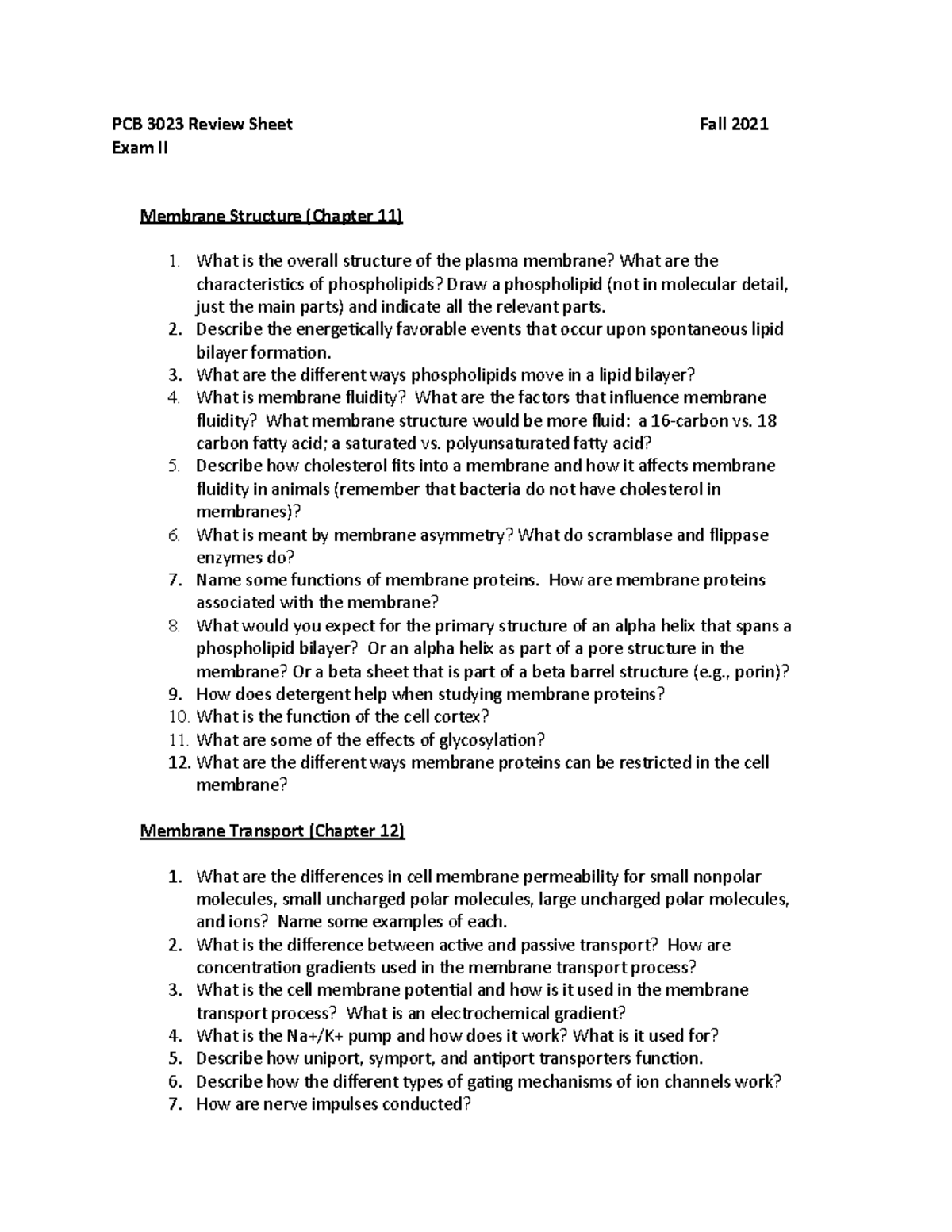 Cell Biology Review for Exam 2 - PCB 3023 Review Sheet Fall 2021 Exam ...