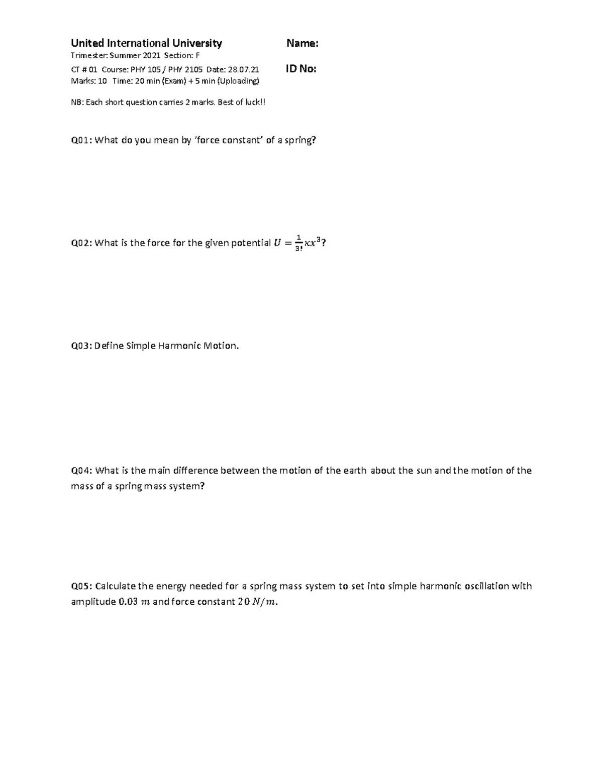 CT 01 PHY 2105 F - physics - United International University Name ...