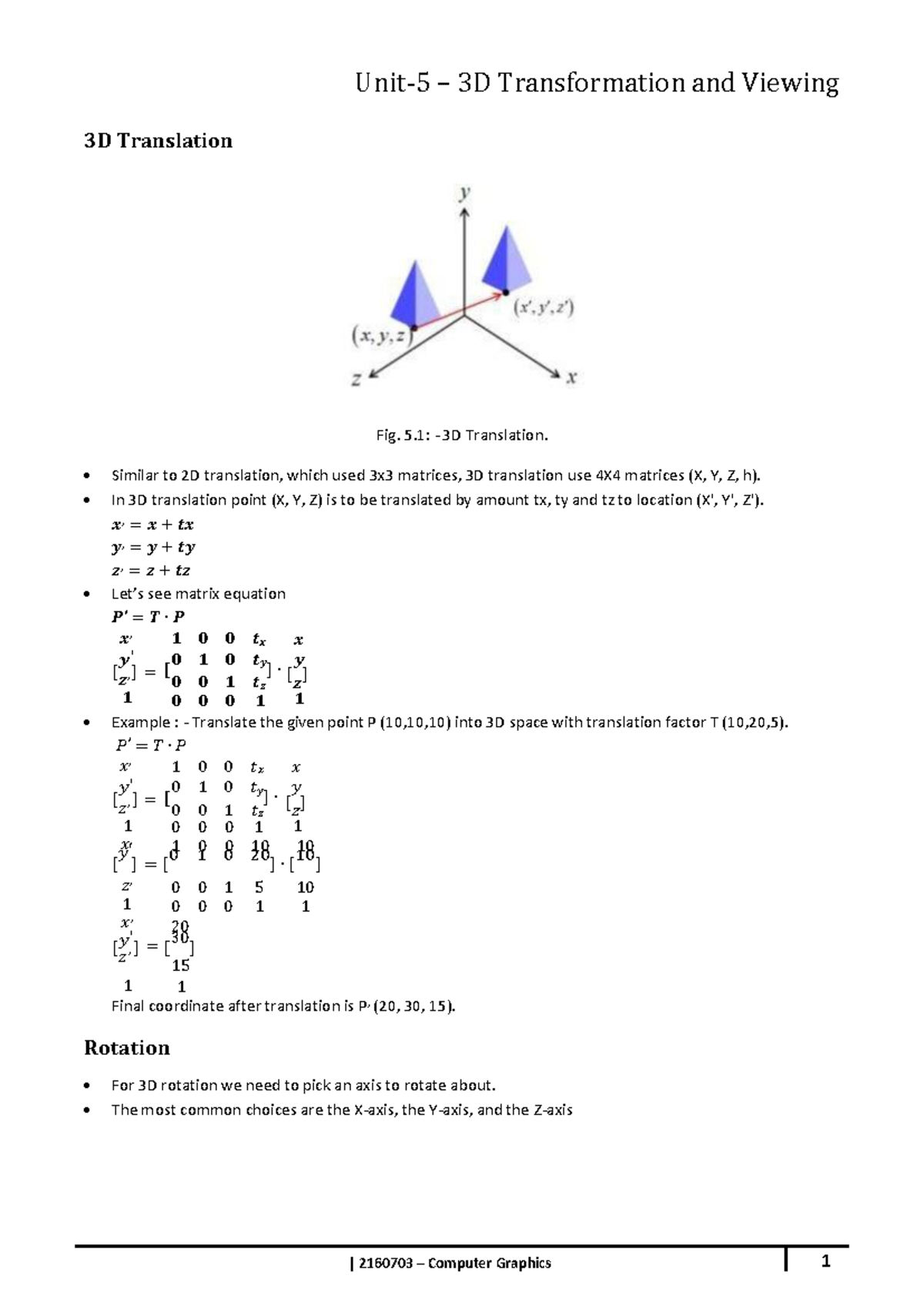 3150712 Computer Graphics-Notes PDF-Unit-5 - 3D Translation Fig. 5 ...