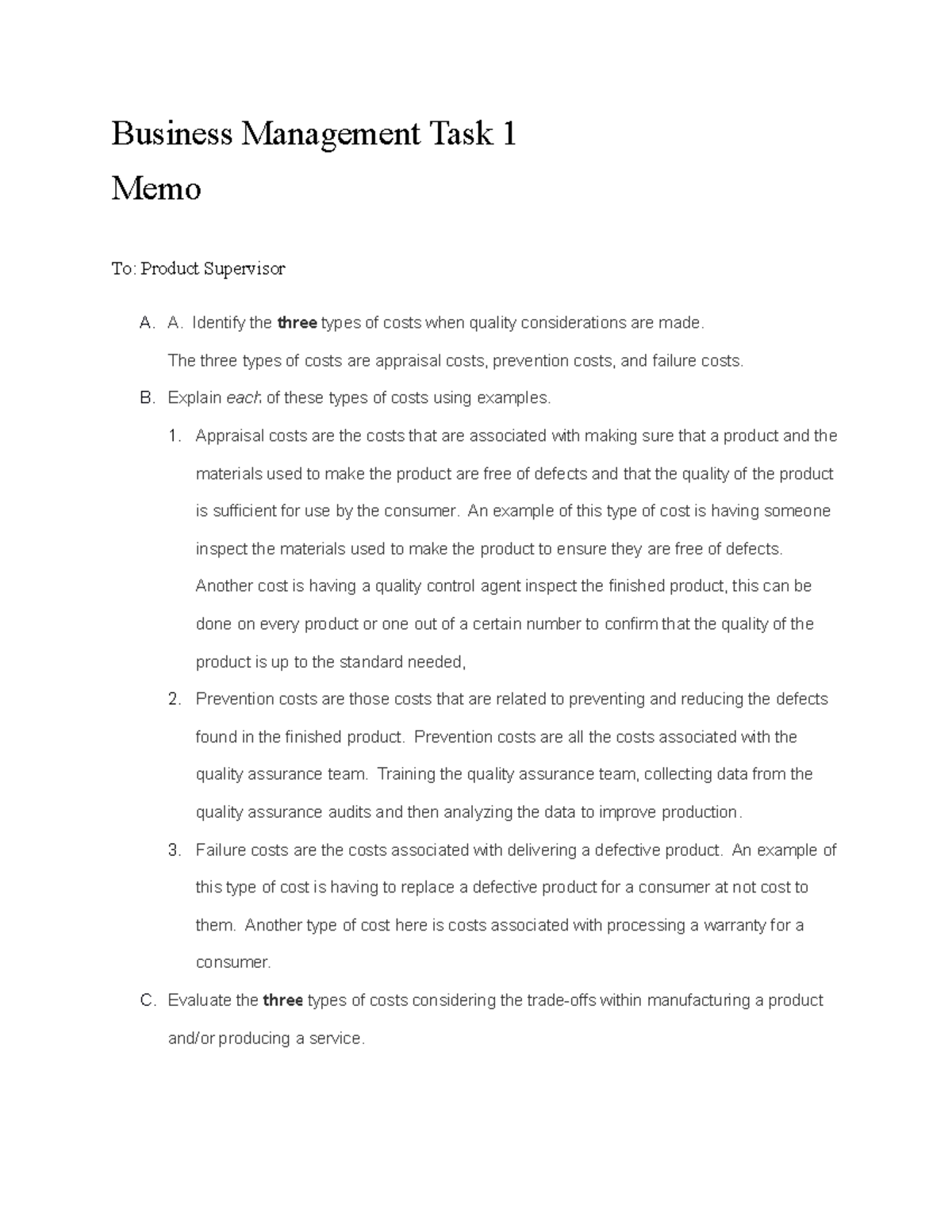 Business Management Task 1 - A. Identify the three types of costs when ...