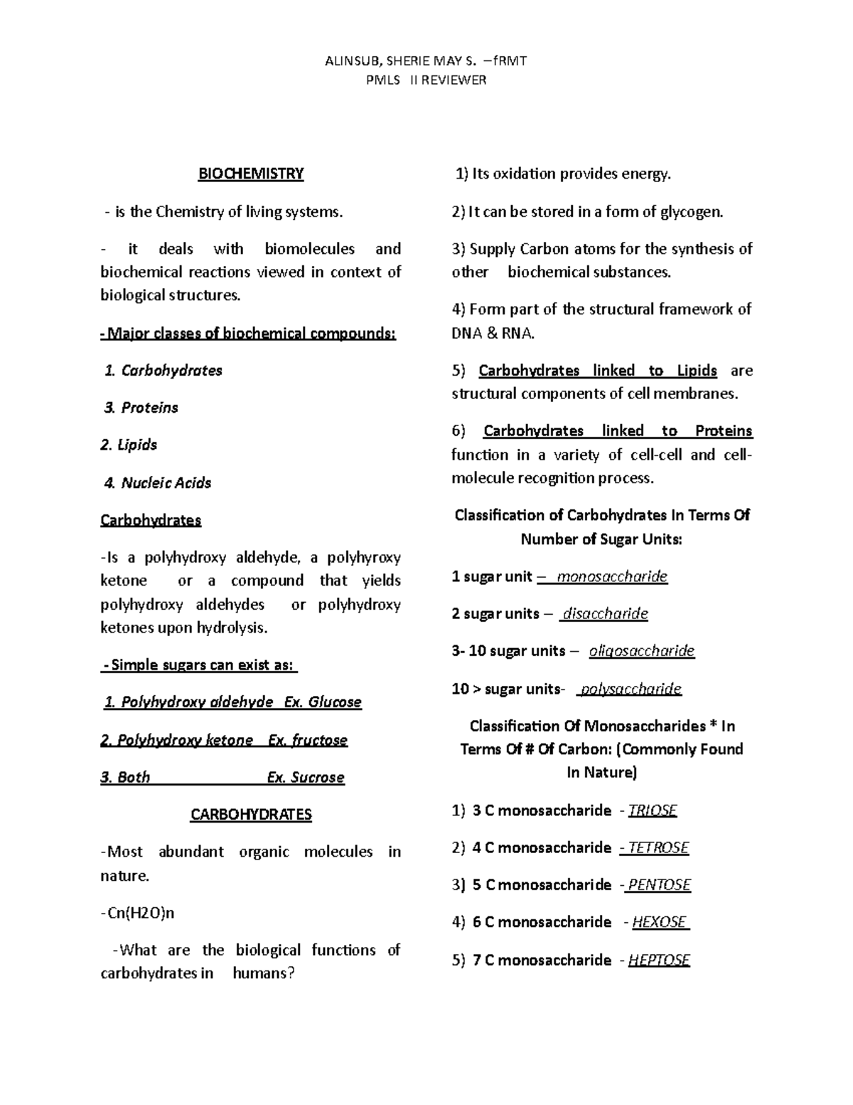 Biochemistry - NOTES - BIOCHEMISTRY is the Chemistry of living systems ...