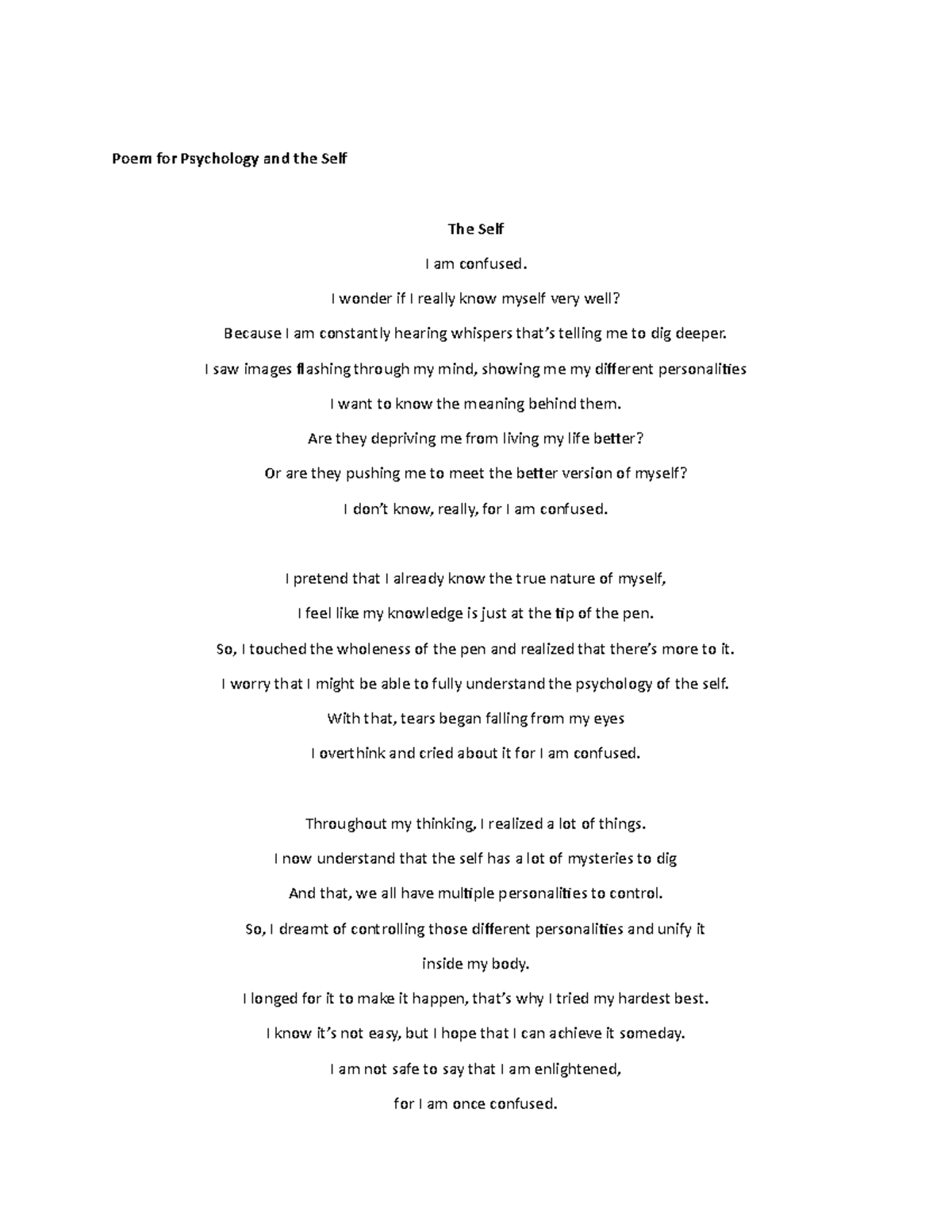 Poem for Psychology and the Self - I wonder if I really know myself ...