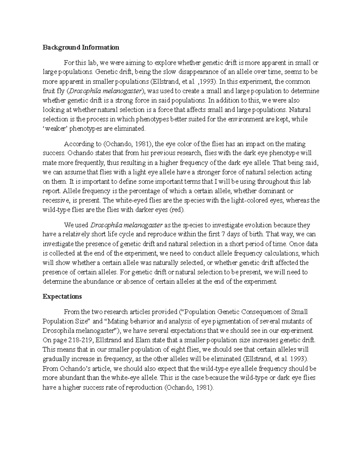 Evolution final lab report - Background Information For this lab, we ...