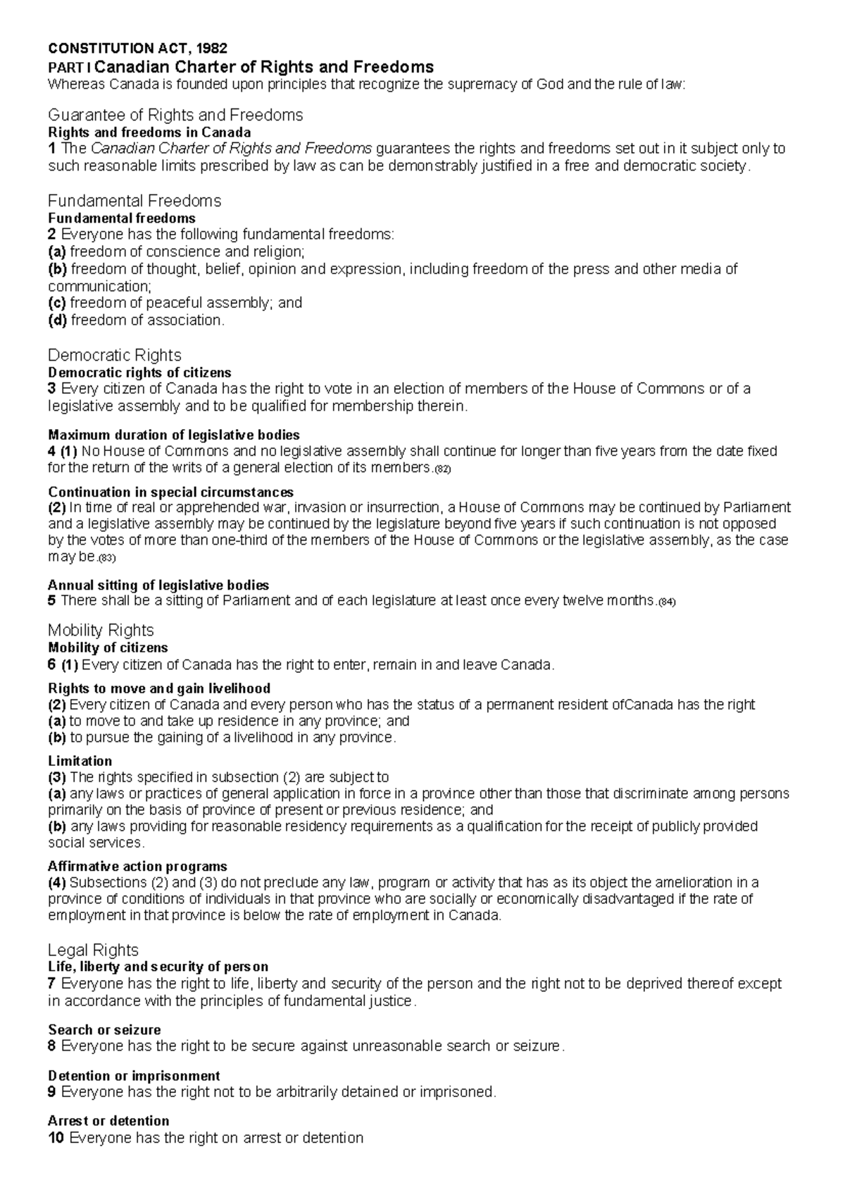 Constitution Act 1982 - Charter - CONSTITUTION ACT, 1982 PART I ...