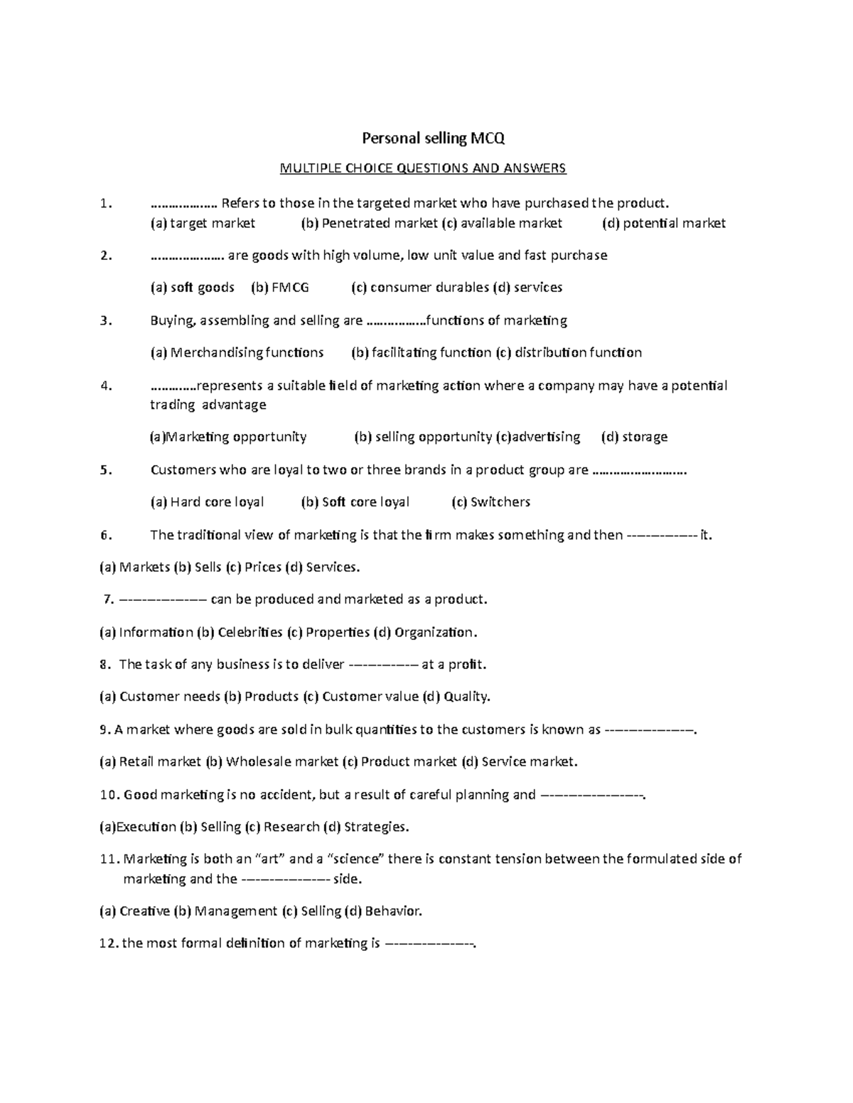 PS MCQ - multiple choice questions - Personal selling MCQ MULTIPLE ...