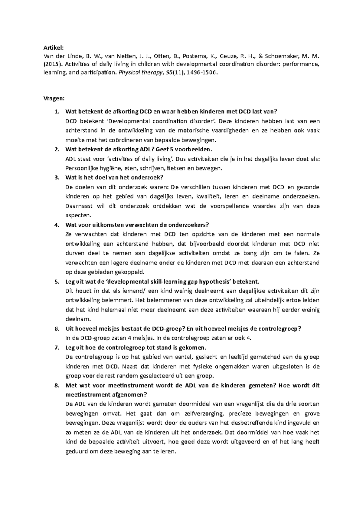 Hulpvragen Mentorbijeenkomst 1 - Artikel: Van der Linde, B. W., van ...