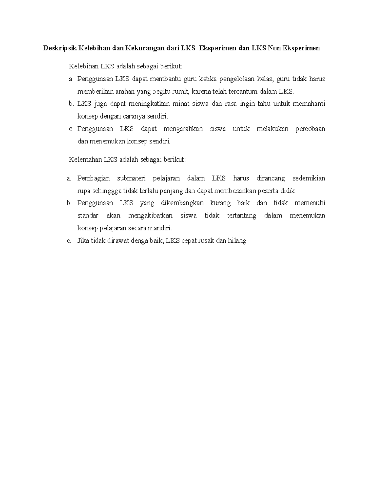 Kelebihan dan Kekurangan LKS Eksperimen dan LKS Non Eksperimen PBA - Deskripsik Kelebihan dan ...