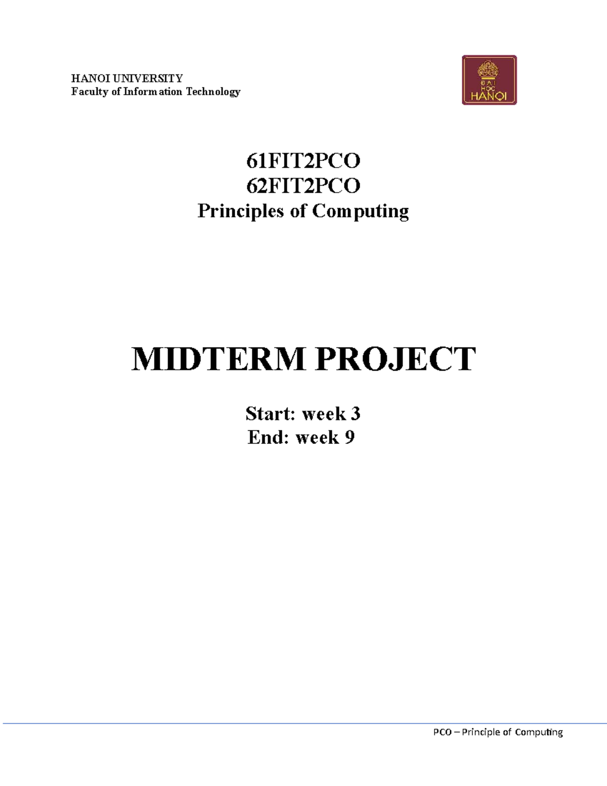 Midterm assignment - giữa kì triết 1 - PCO – Principle of Computing HANOI UNIVERSITY Faculty of ...