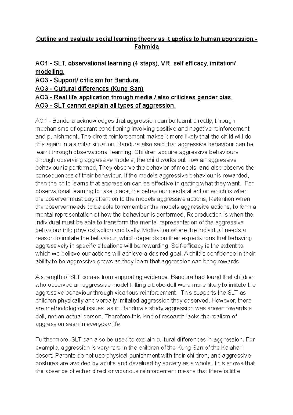 Social learning theory as it applies to human aggression essay - Fahmida AO1 - SLT ...