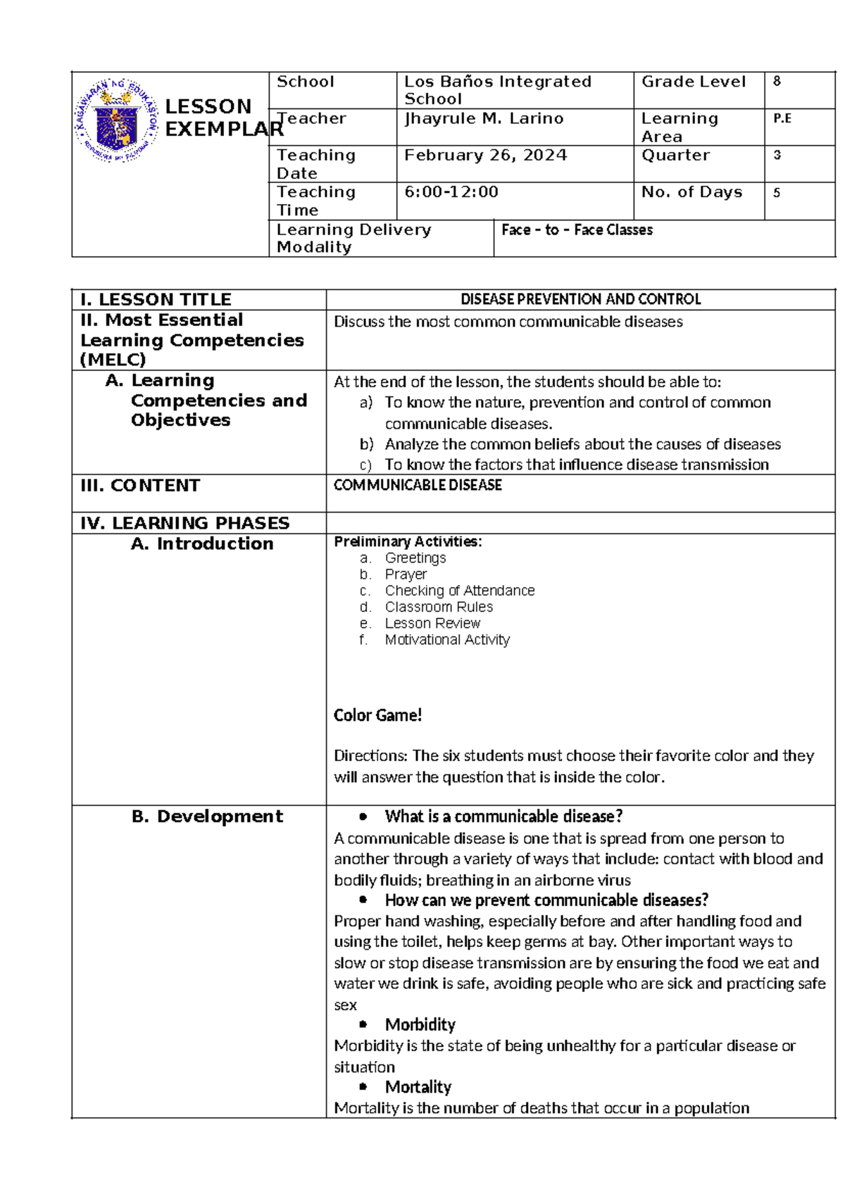 Communicable disease-le - LESSON EXEMPLAR School Los Baños Integrated ...