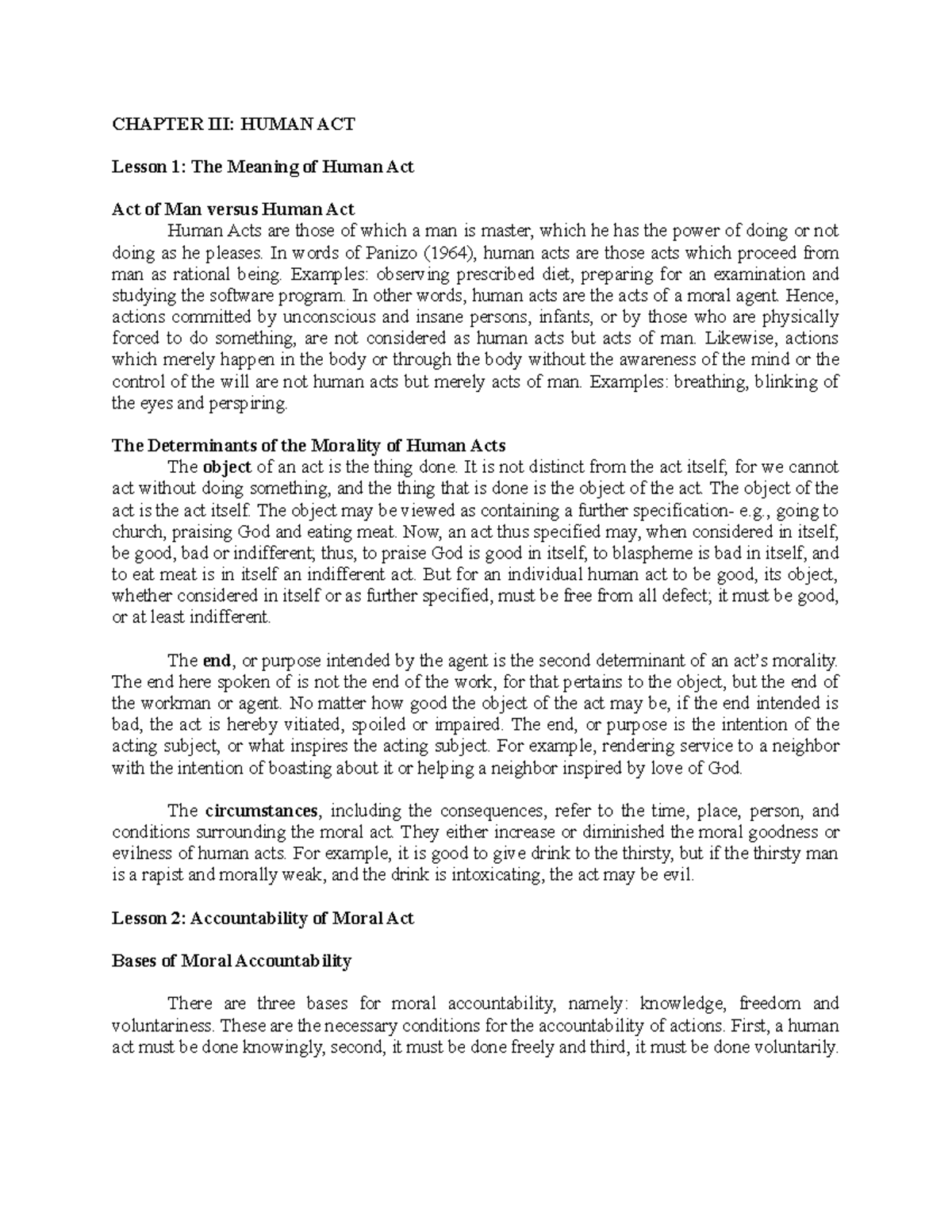 Chapter III Human Acts - CHAPTER III: HUMAN ACT Lesson 1: The Meaning ...