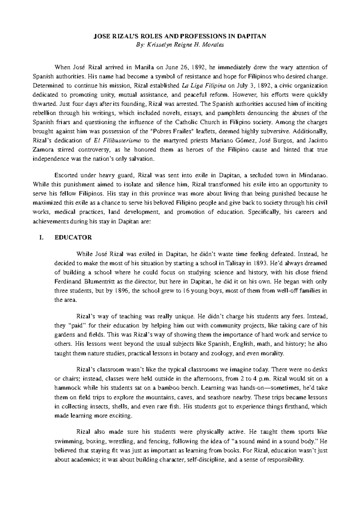 JOSE RIZAL’S ROLES AND PROFESSIONS IN DAPITAN - JOSE RIZAL’S ROLES AND ...