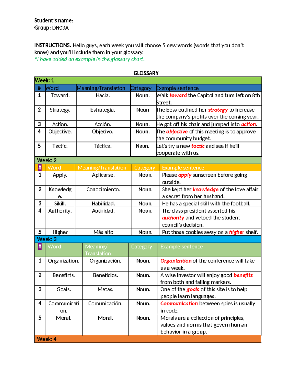Glossary Ingles - Inglés - Student’s name: Group: DN03A INSTRUCTIONS ...