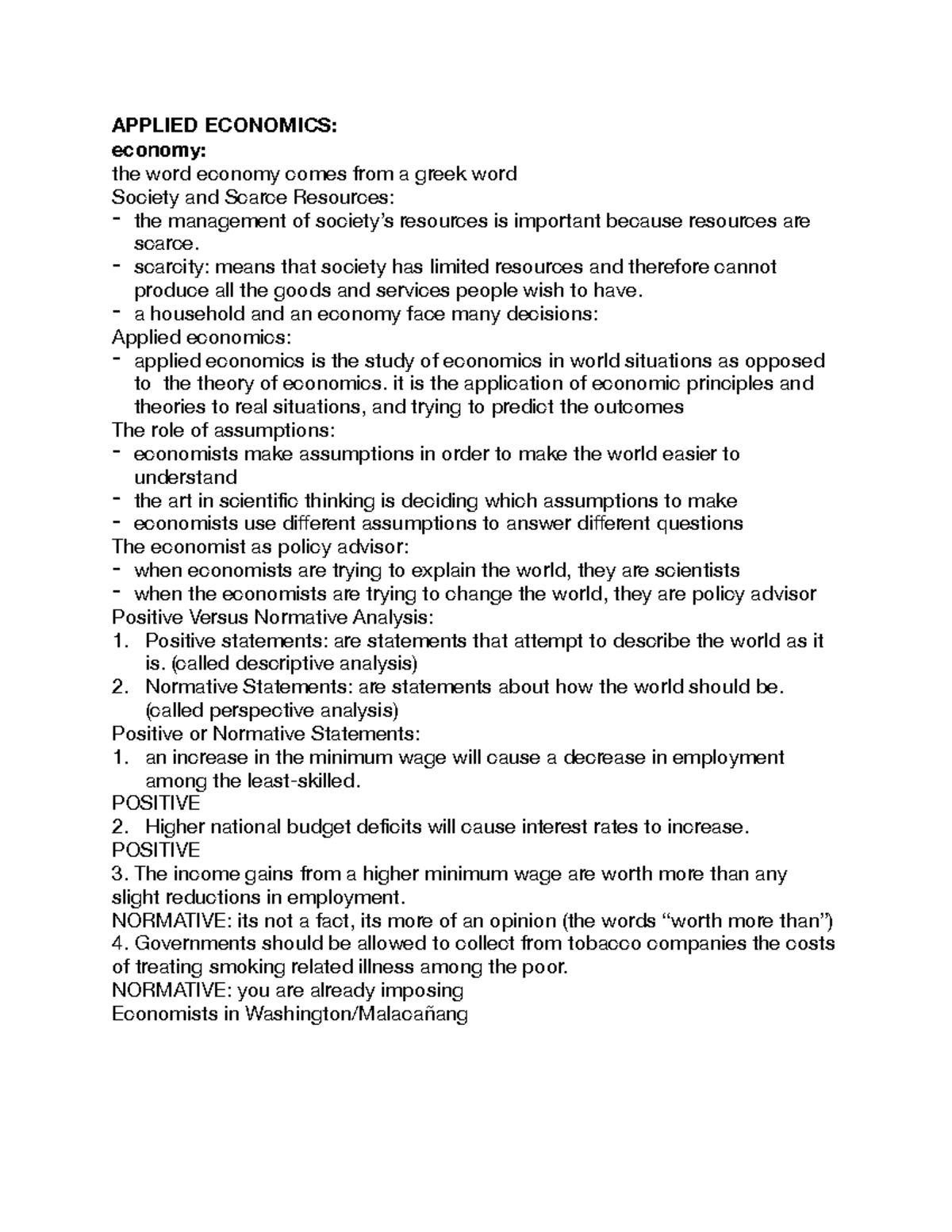 Applied Econ Notes - APPLIED ECONOMICS: economy: the word economy comes ...