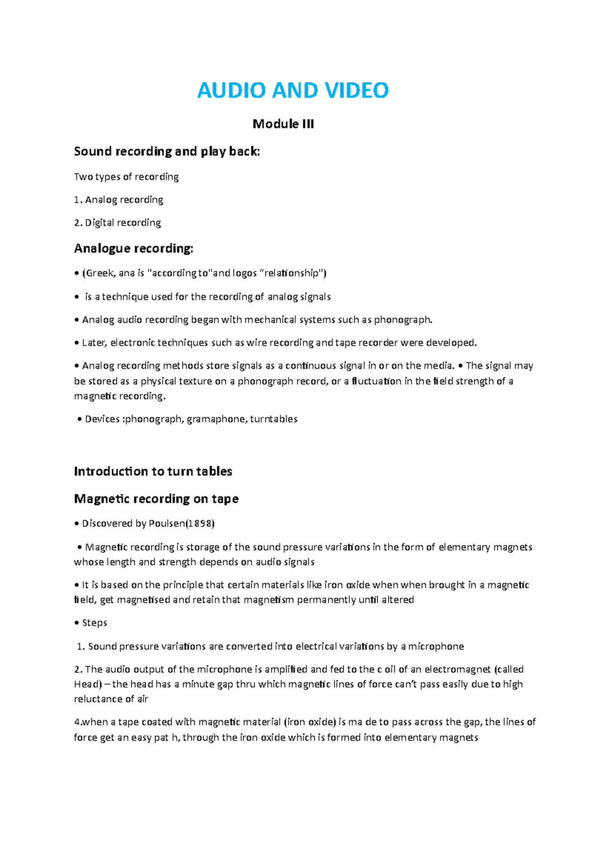 Avs3 - Lecture note of Fourth semester avs module - AUDIO AND VIDEO ...