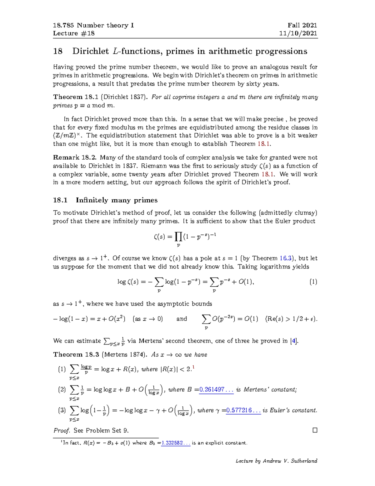 Number Theory I Lecture 18 - 18 Number theory I Lecture # Fall 2021 11/10/ 18 Dirichlet L ...