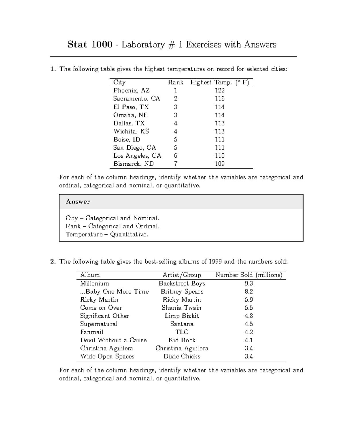 Lab1 - good for practice - Stat 1000 - Laboratory # 1 Exercises with ...