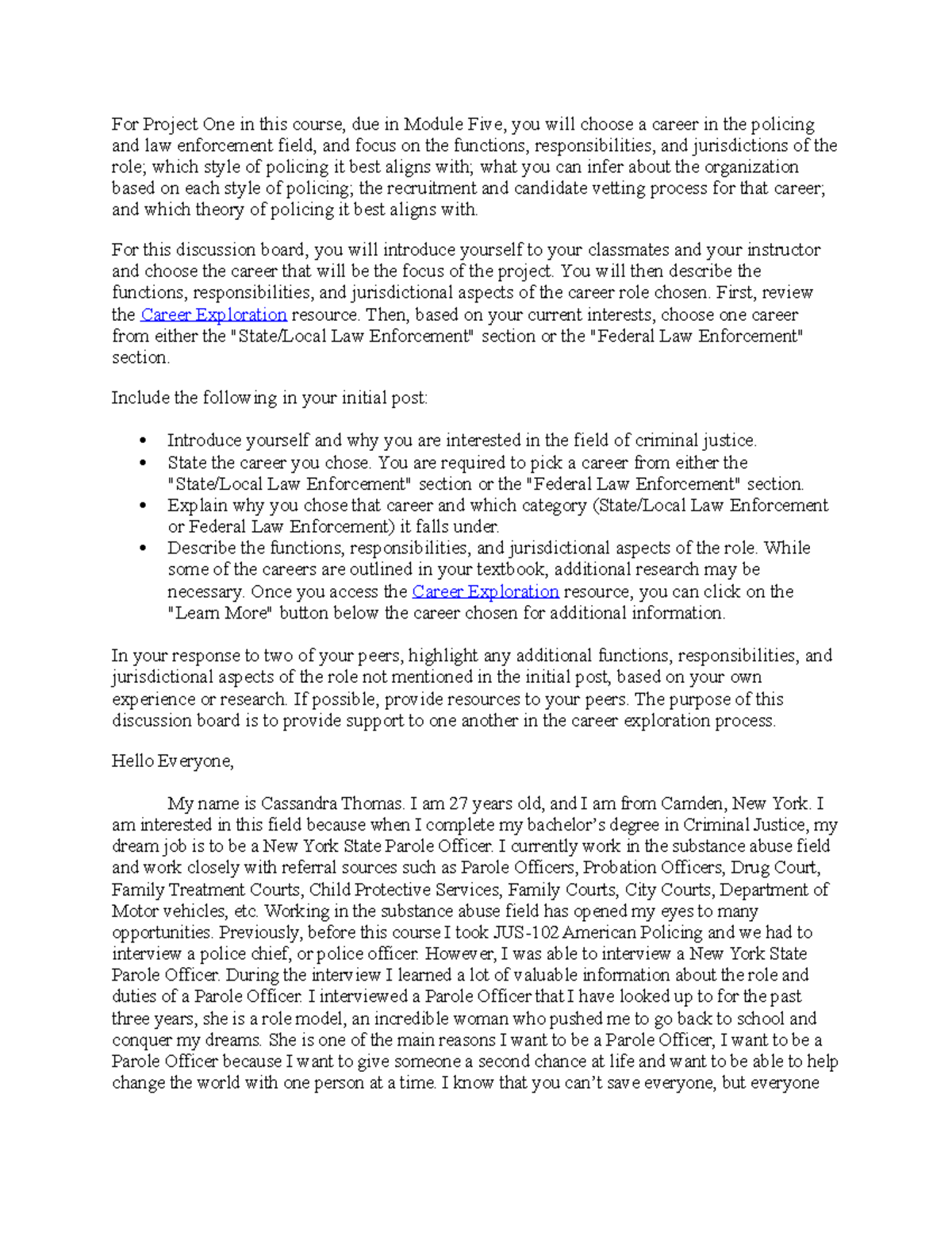 CJ-205 1-1 Discussion- Career Exploration - For Project One in this ...