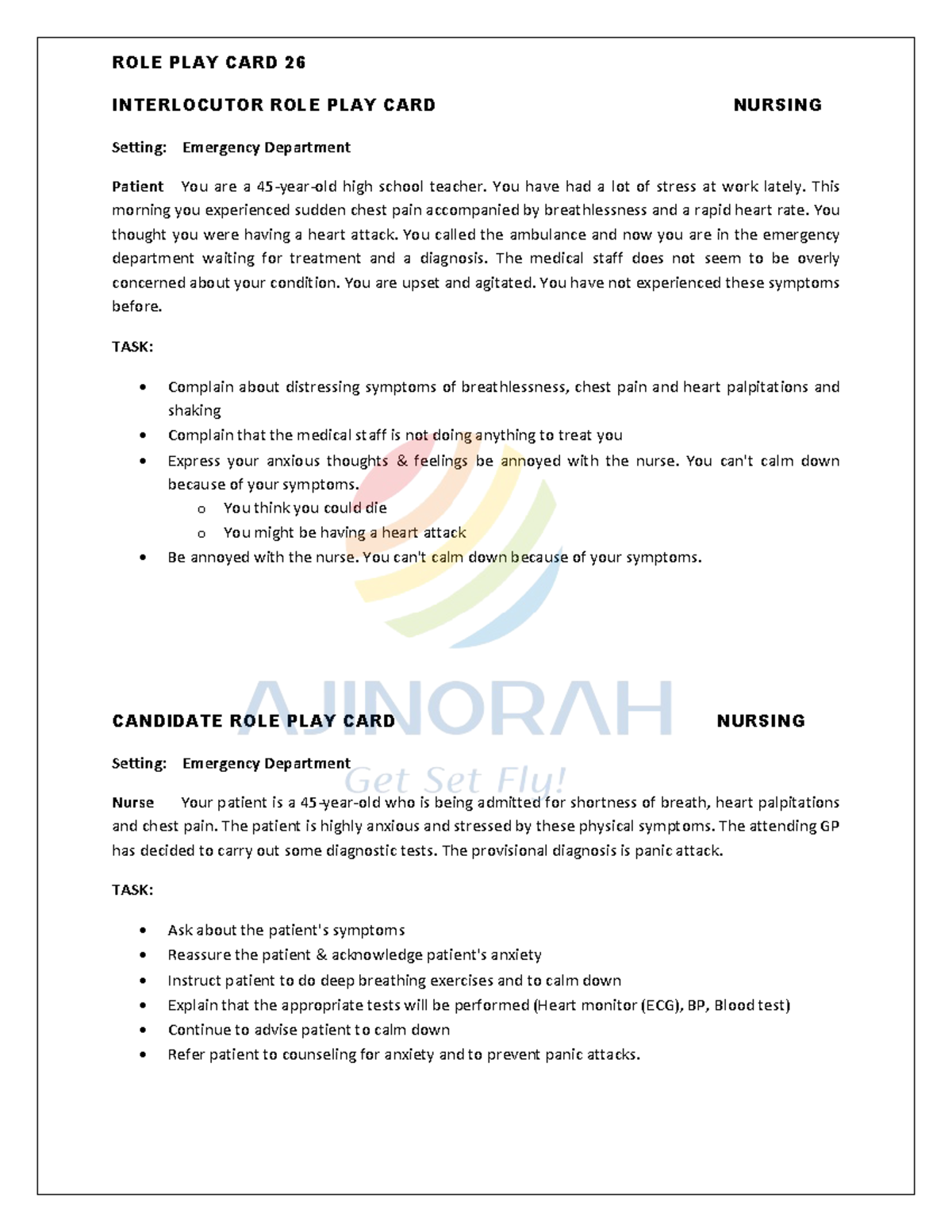 Panic Attack Emergency Department - ROLE PLAY CARD 26 INTERLOCUTOR ROLE ...