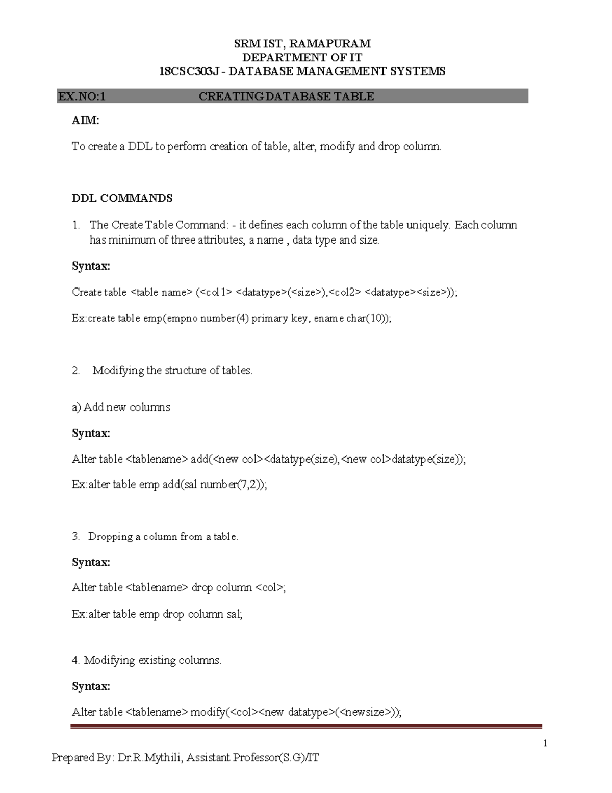 18CSC303J-DBMS manual - 1 EX:1 CREATING DATABASE TABLE DEPARTMENT OF IT 18CSC303J - DATABASE ...