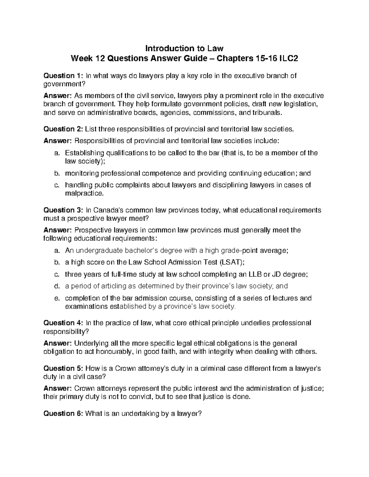 Week 12 Questions - Introduction to Law Week 12 Questions Answer Guide ...