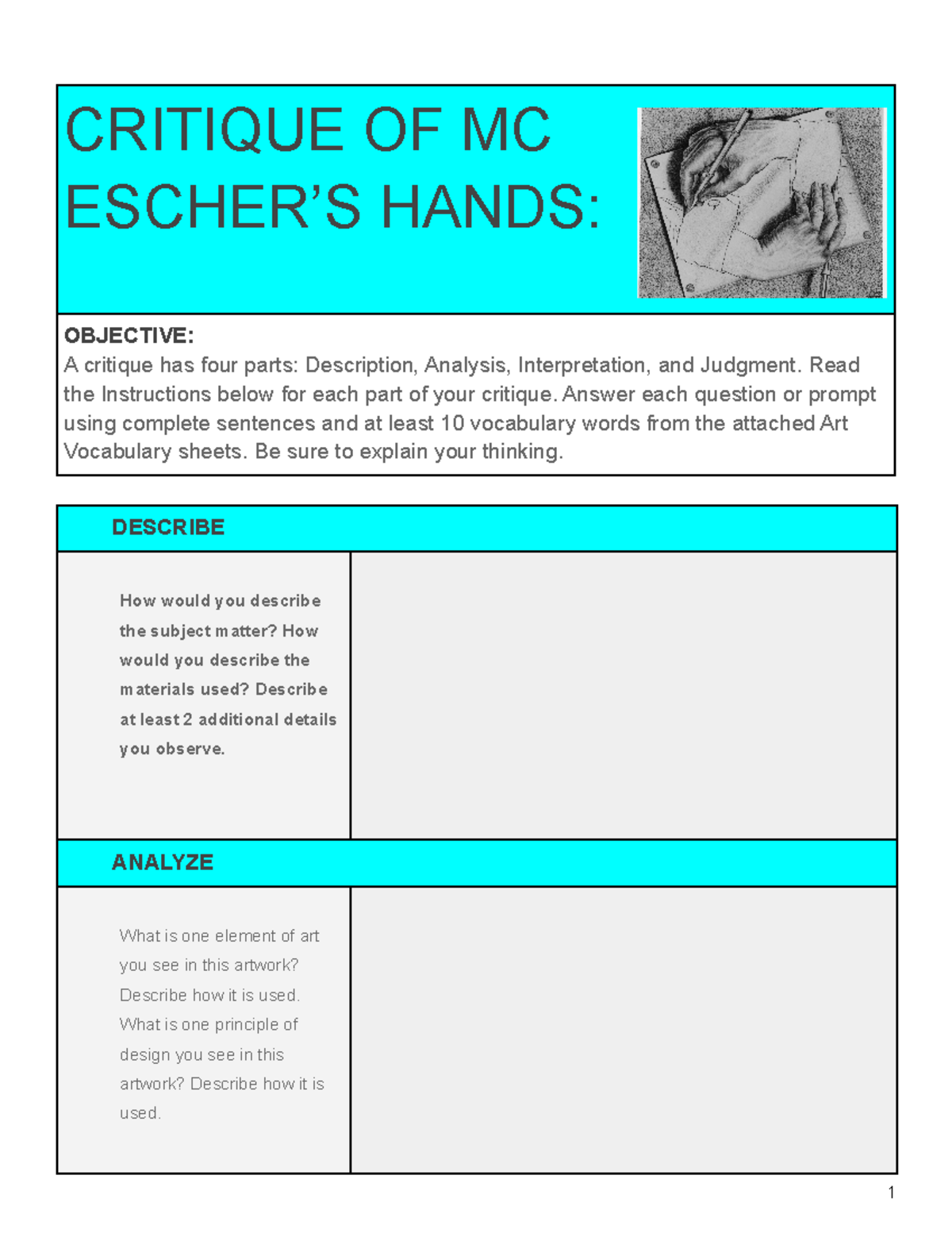 Visual Art LP - Critique Attachments - CRITIQUE OF MC ESCHER’S HANDS ...