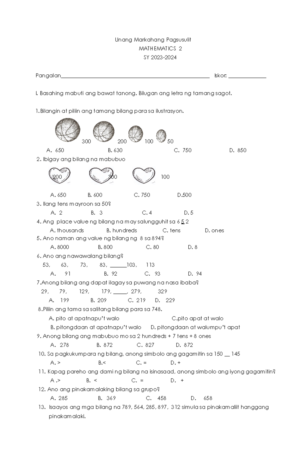 PT MATH 2 Q1 - hjkhk - Unang Markahang Pagsusulit MATHEMATICS 2 SY 2023 ...