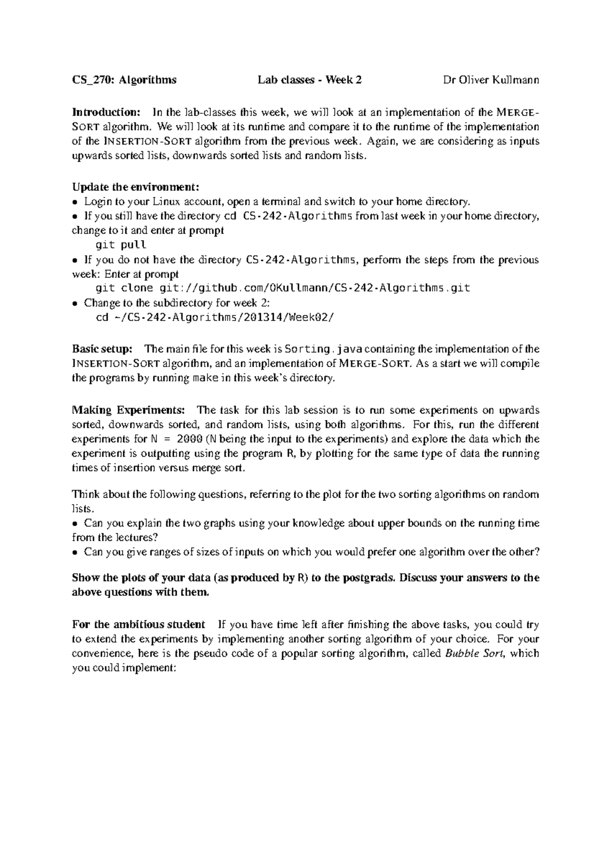 Lab2 Week 2 Cs 270 Algorithms Lab Classes Week 2 Dr Oliver Kullmann Introduction In The