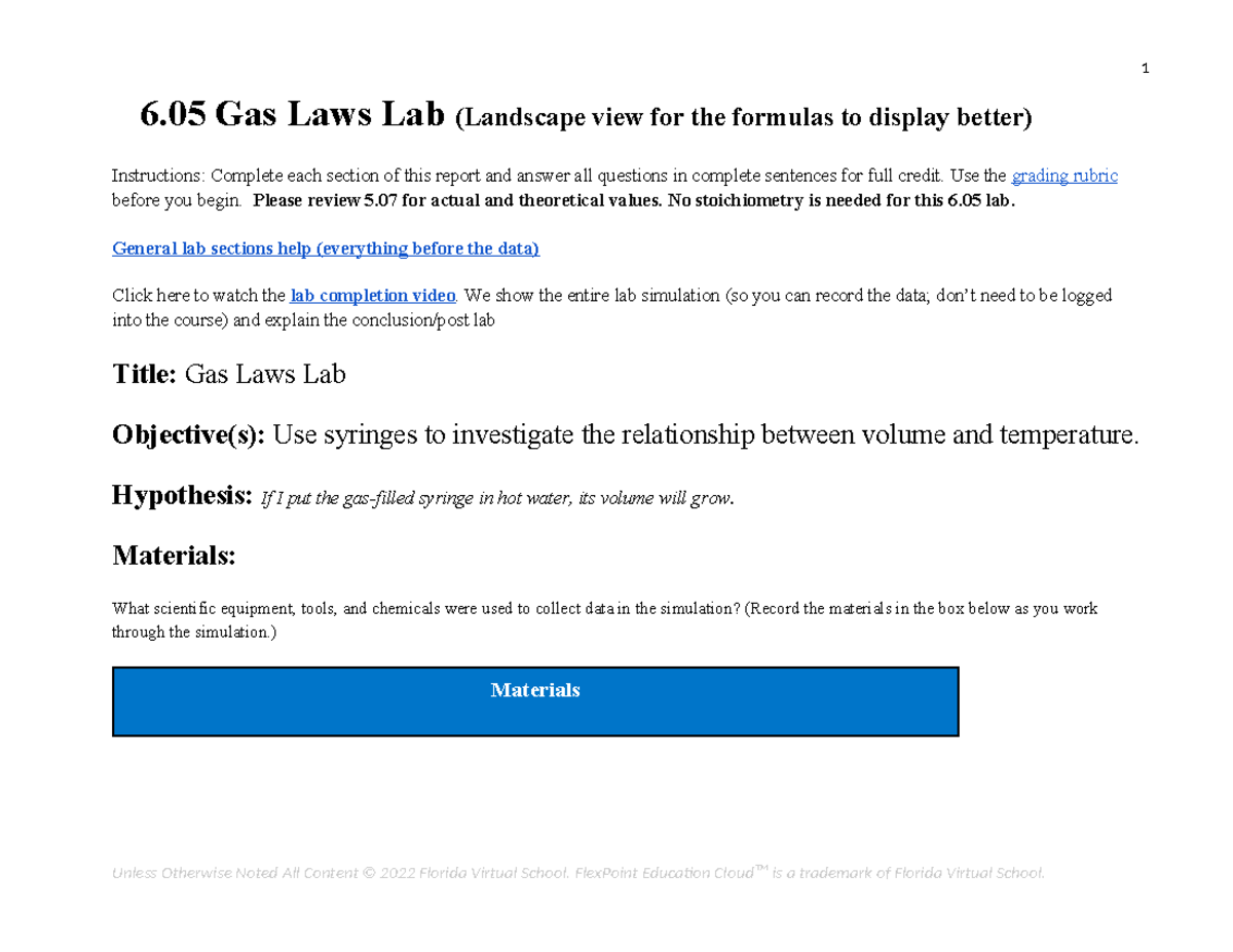 Copy of 6.05 Gas Laws Lab-V22 - 6 Gas Laws Lab (Landscape view for the ...