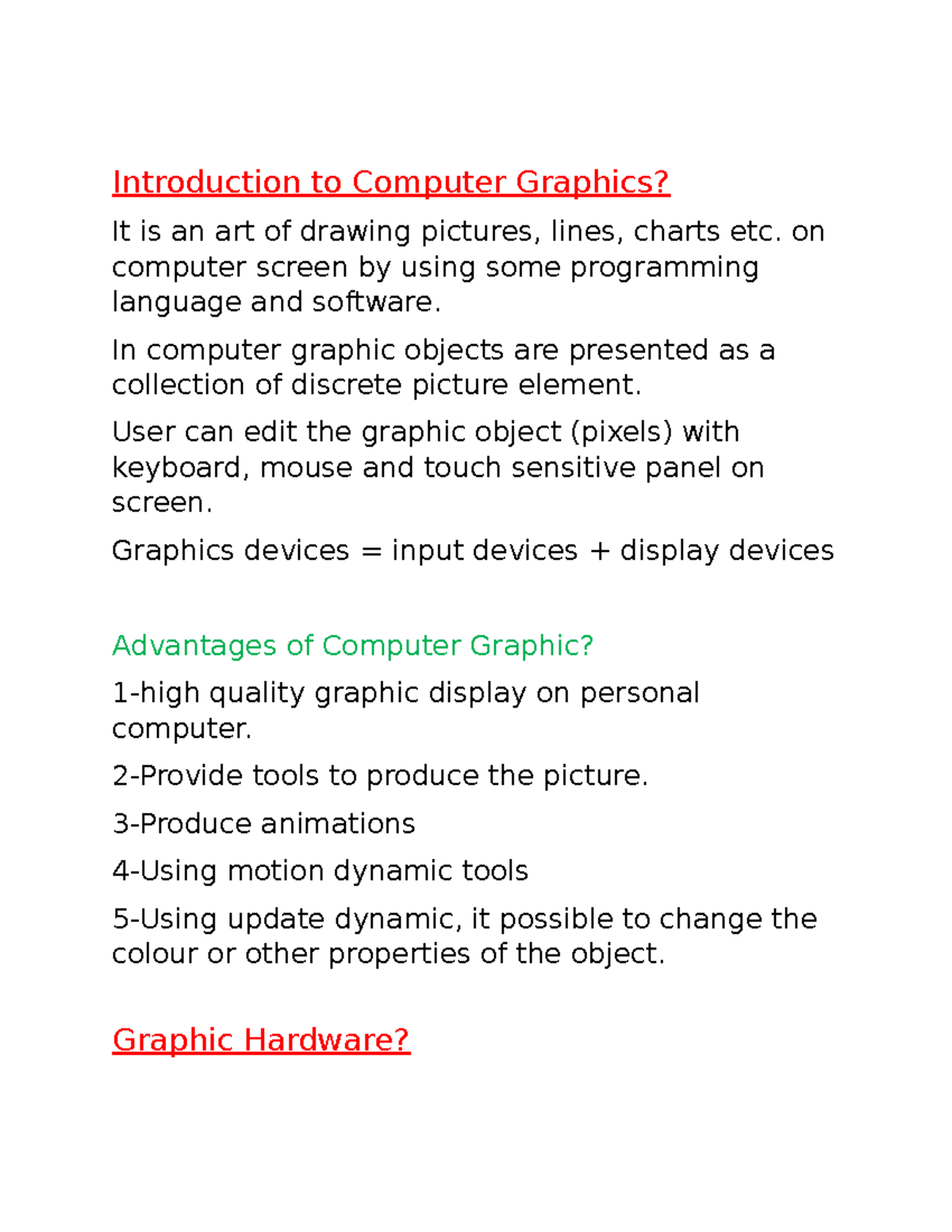 Abdullah CG outline short notes - Introduction to Computer Graphics? It ...