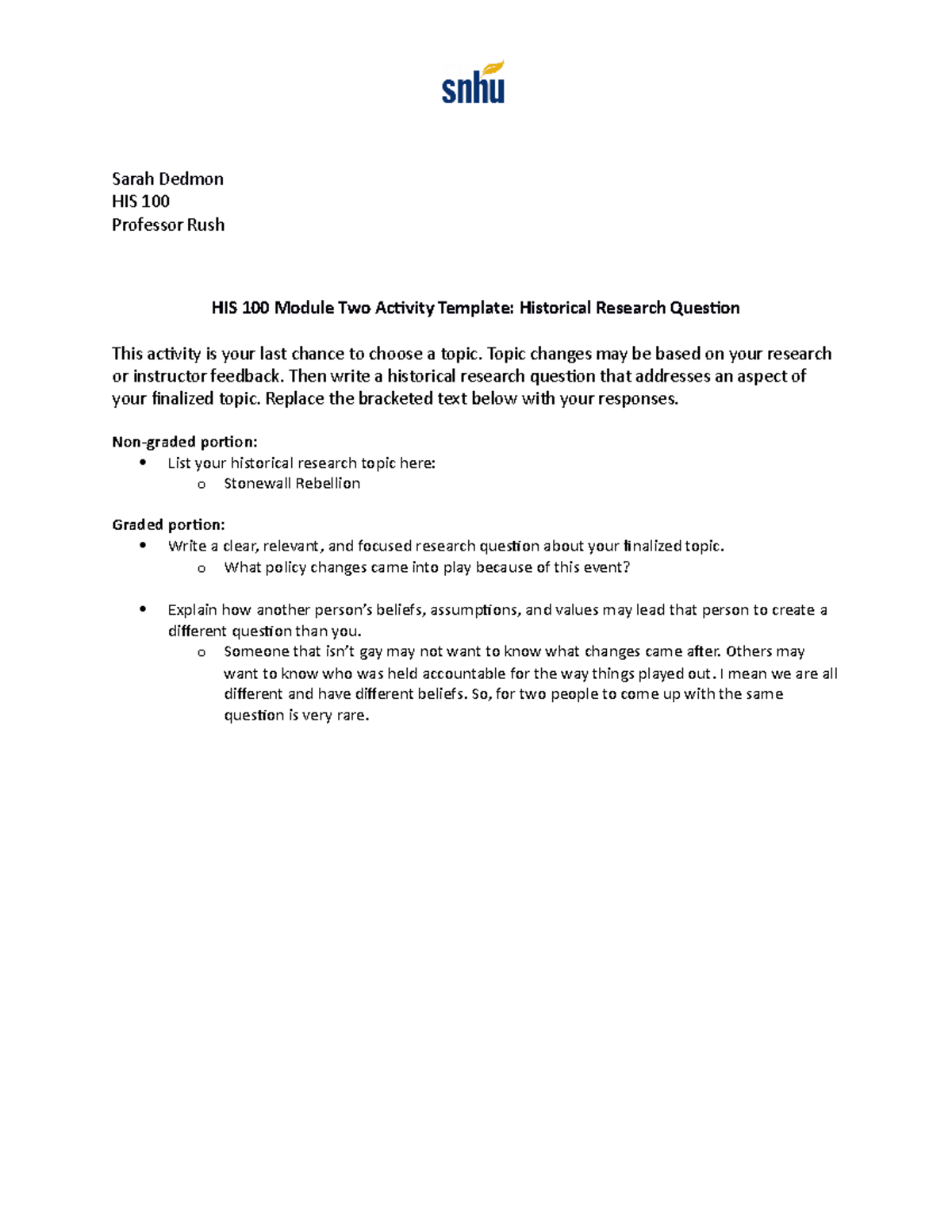 HIS 100 Module Two Activity Research Question Template - Sarah Dedmon ...
