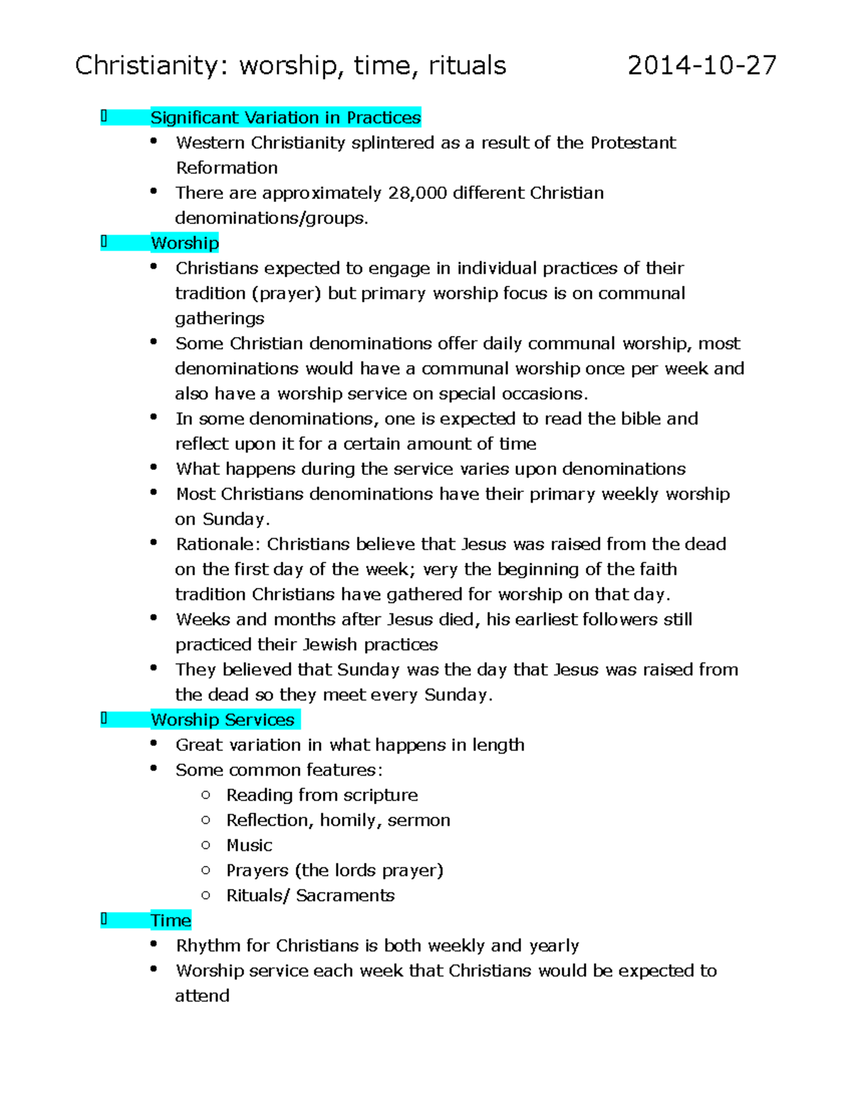 Lecture notes - christianity, worship, rituals, time - Christianity ...