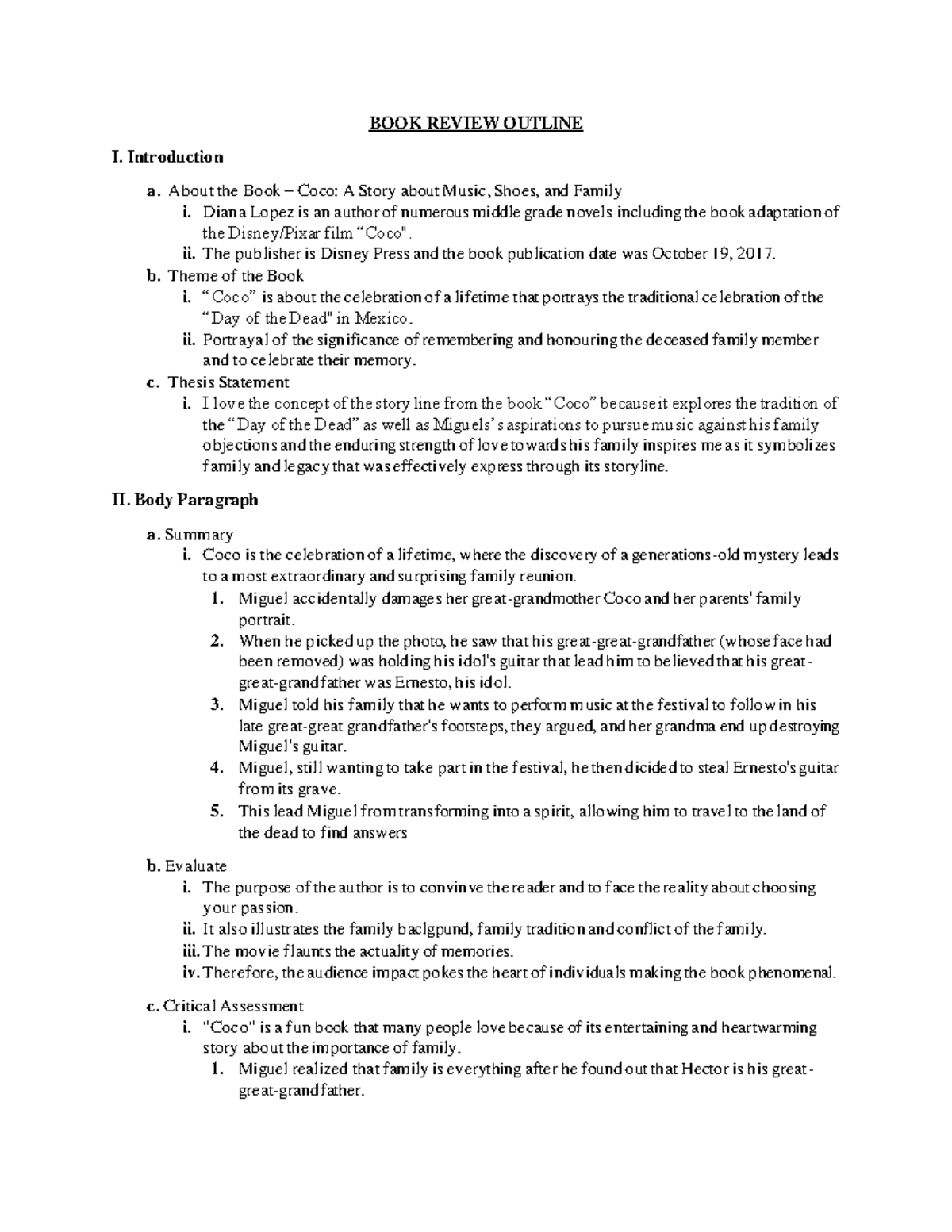 BOOK- Review- Outline Coco(film) - BOOK REVIEW OUTLINE I. Introduction ...