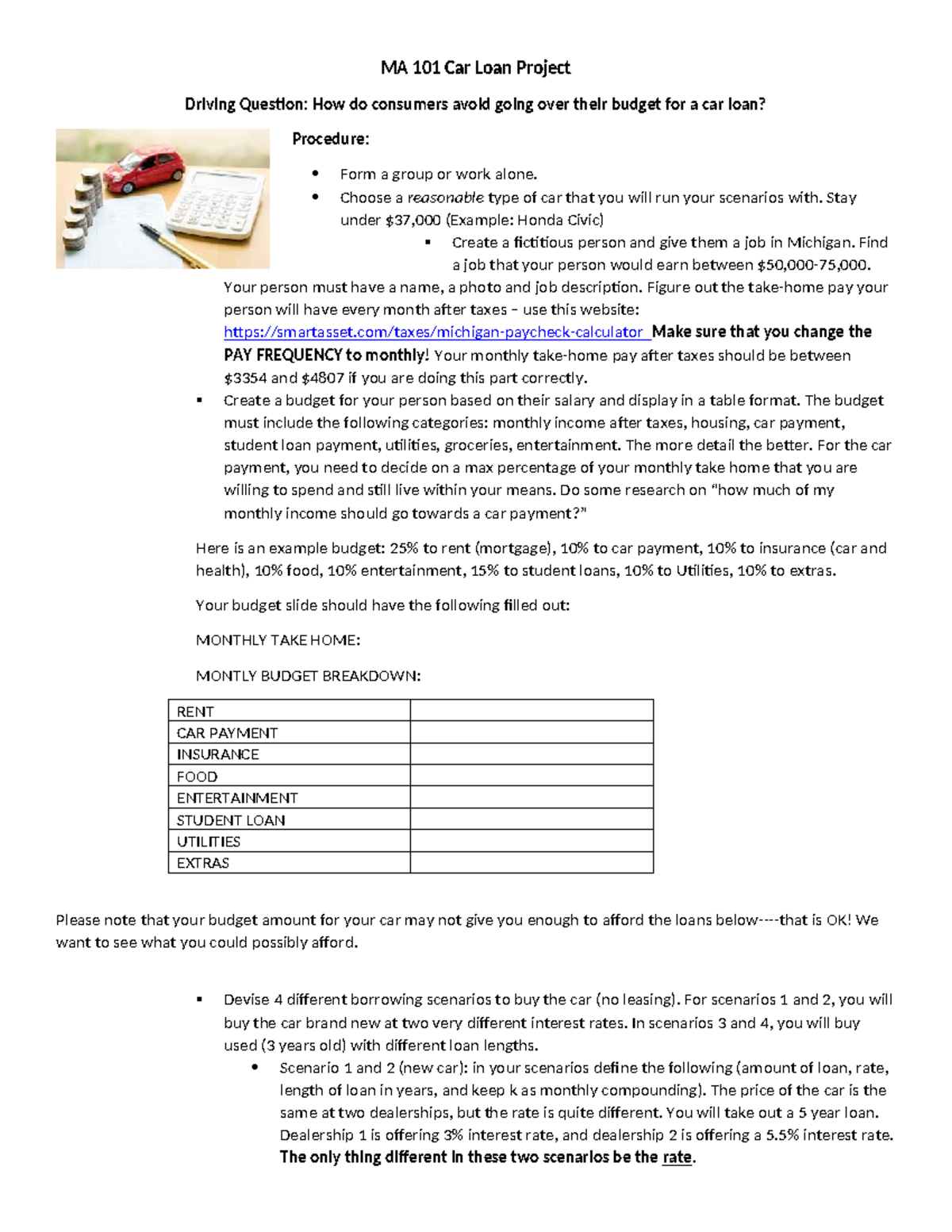 Car Loan Project Winter 2024 - MA 101 Car Loan Project Driving Question ...