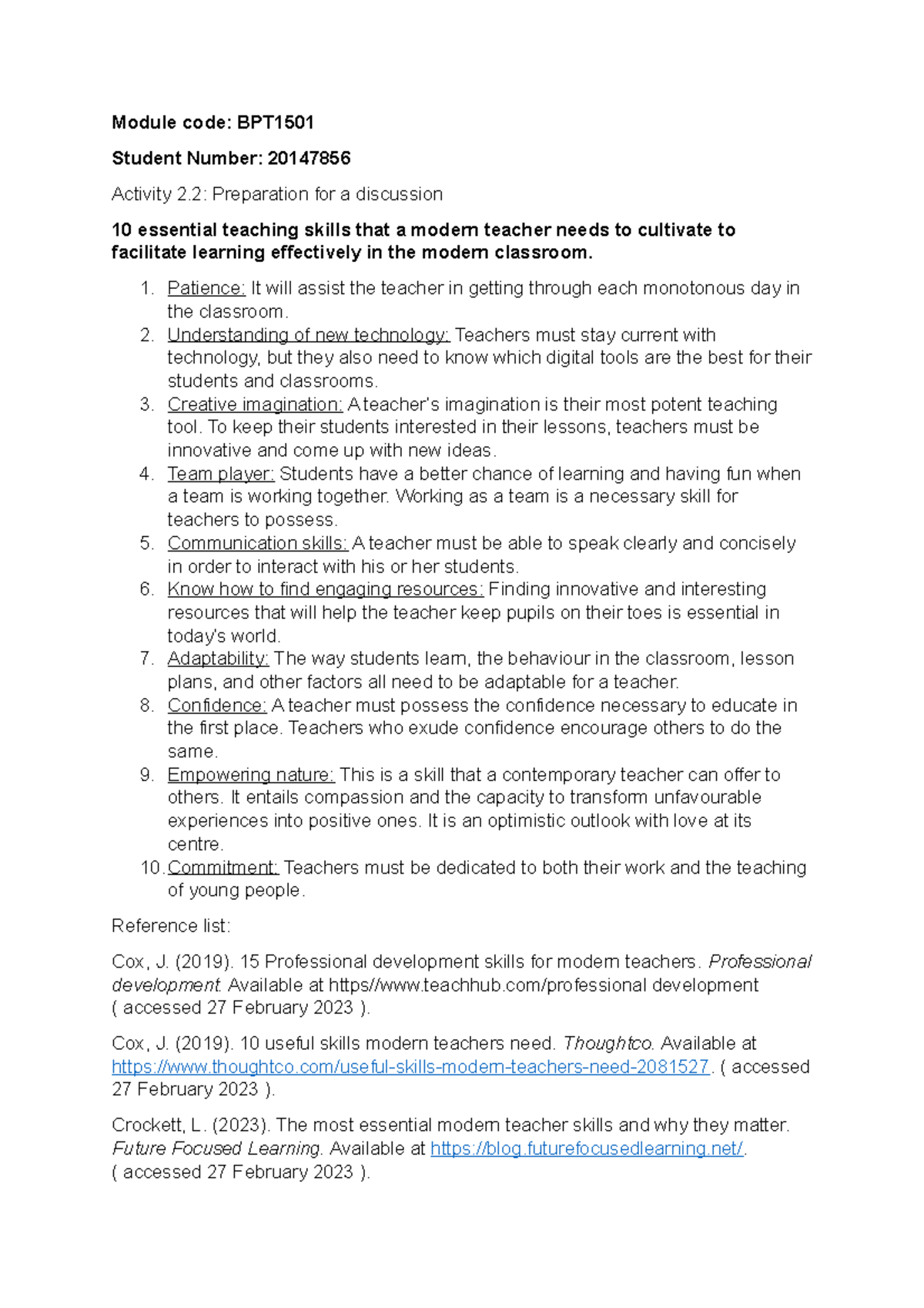 BPT1501 activity 2 - Module code: BPT Student Number: 20147856 Activity 2: Preparation for a ...