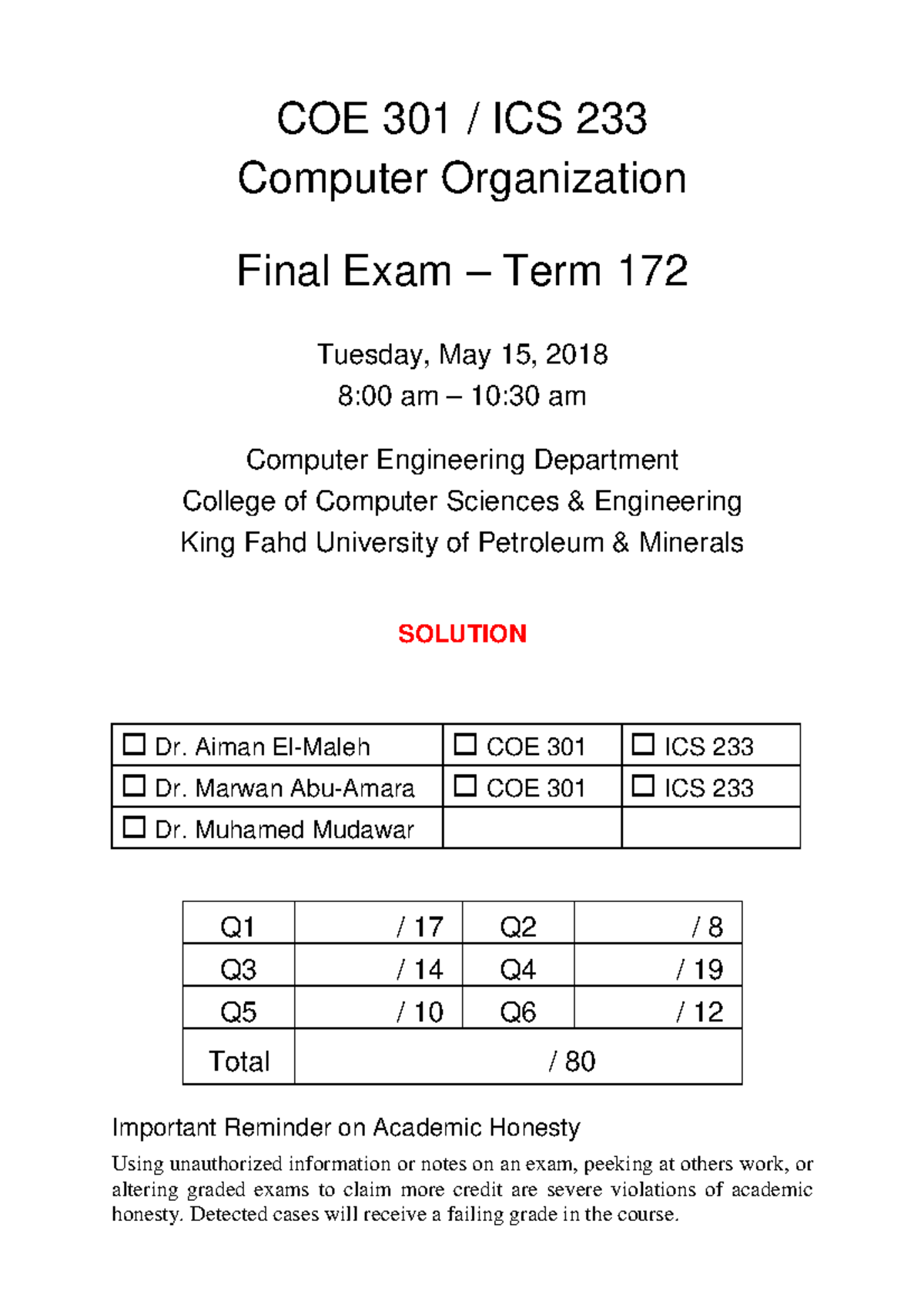 COE301 Final Solution 172 - COE 301 / ICS 233 Computer Organization ...