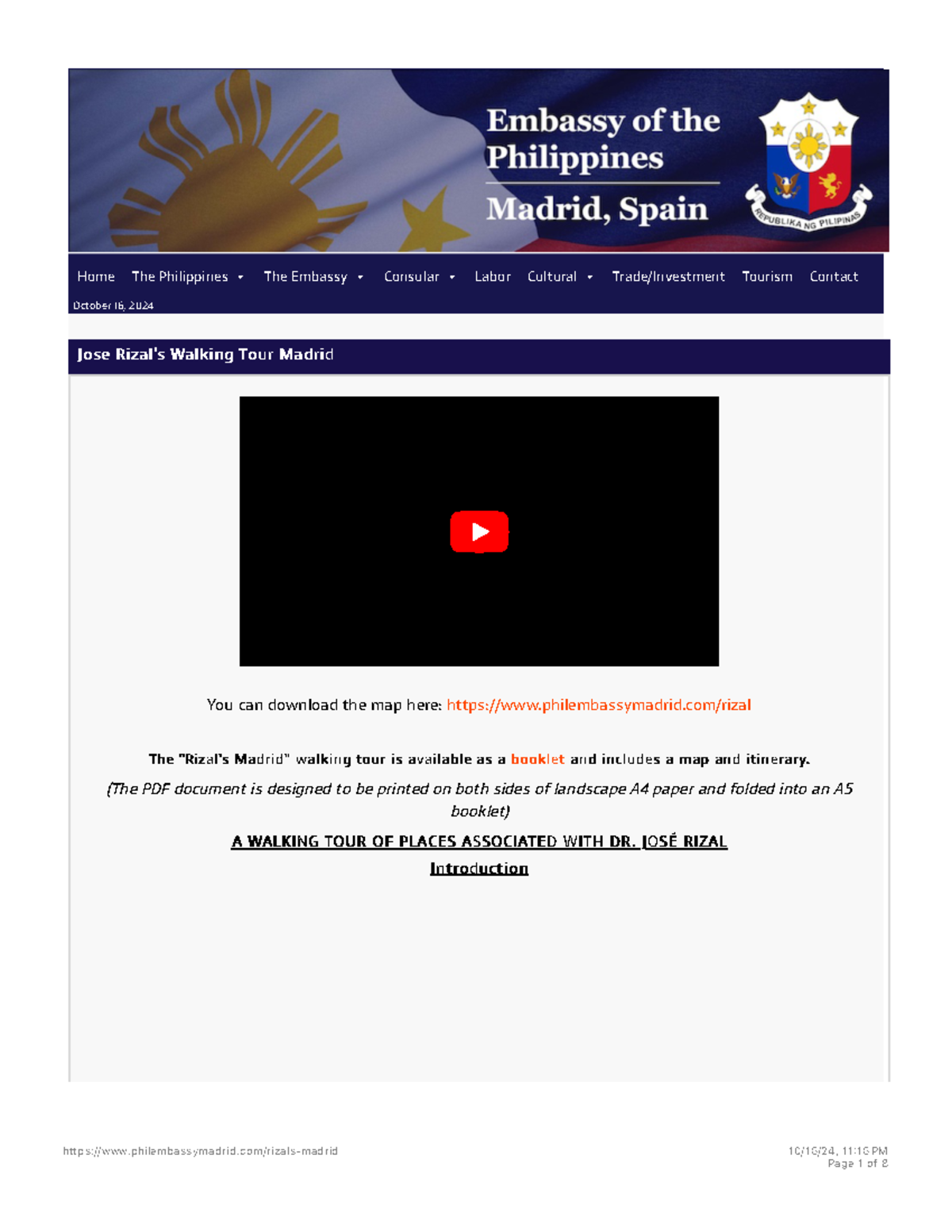 Jose Rizal’s Walking Tour Madrid Philippine Embassy Madrid - October 16 ...