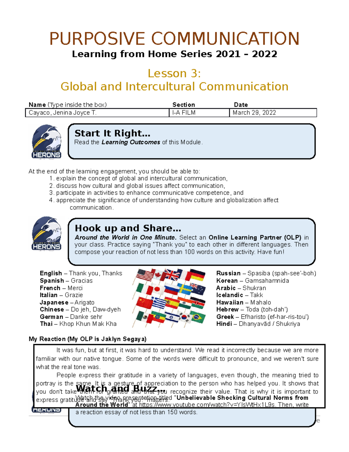 NEW GEPC Lesson 3 - Activity Answer Sheet - PURPOSIVE COMMUNICATION Learning from Home Series ...