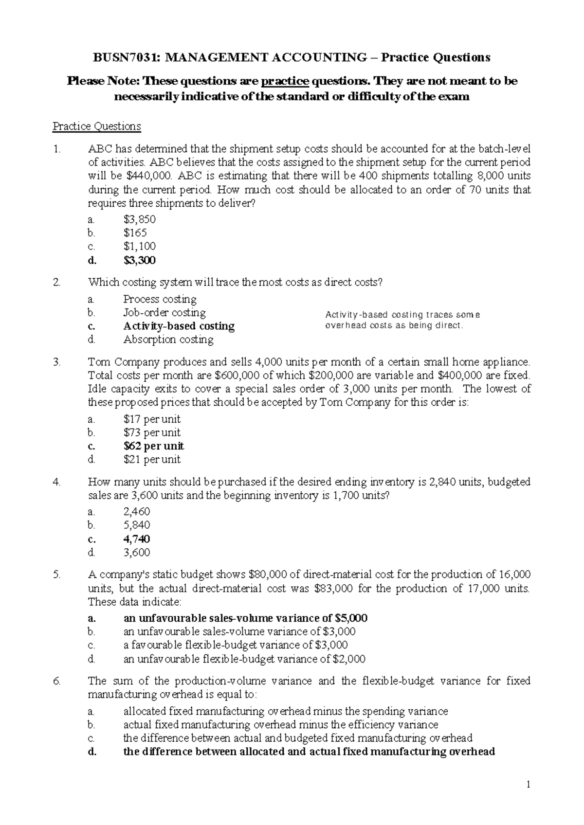 Final Practice Questions Sol copy - BUSN7031: MANAGEMENT ACCOUNTING ...