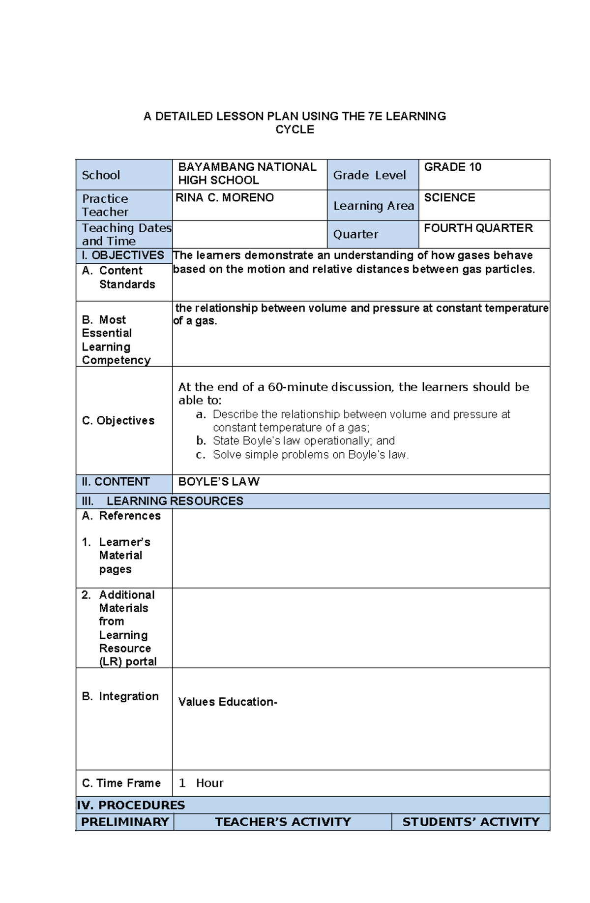 Boyles' law - Boyle's Law - A DETAILED LESSON PLAN USING THE 7E ...
