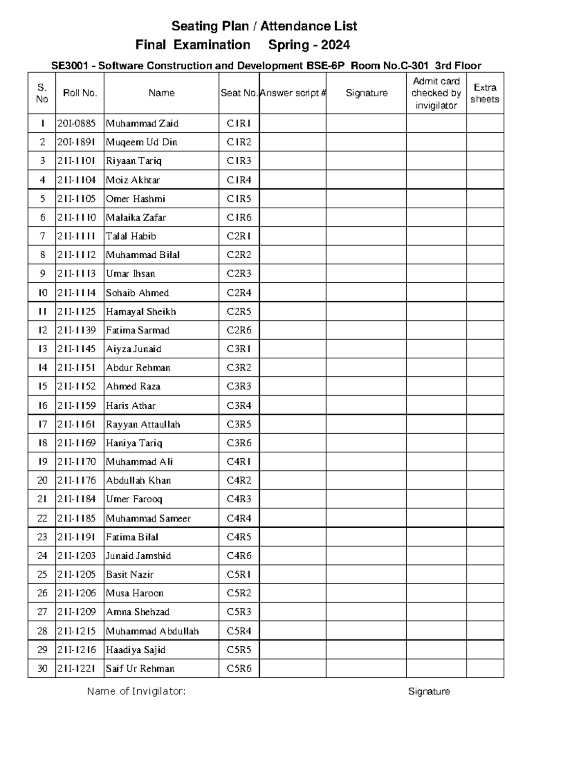 Final Exam Seating Plan for Tuesday May 21, 2024 , School of Computing ...