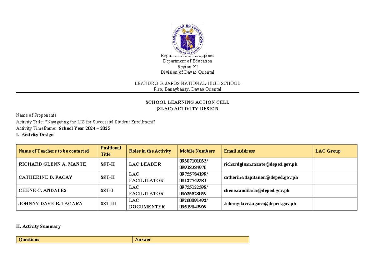 Activity Design SLAC 2025 - Republic of the Philippines Department of ...