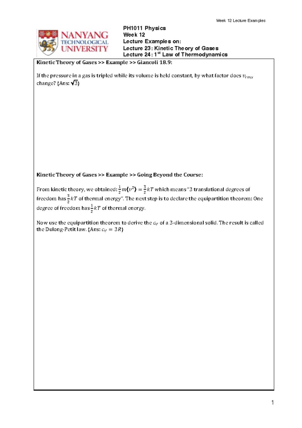 Lecture examples Week 12 - Week 12 Lecture Examples PH1011 Physics Week ...